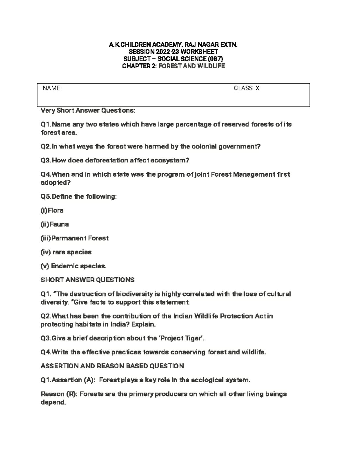 CH 2 Forest AND Wildlife - A ACADEMY, RAJ NAGAR EXTN. SESSION 2022 - 23 ...