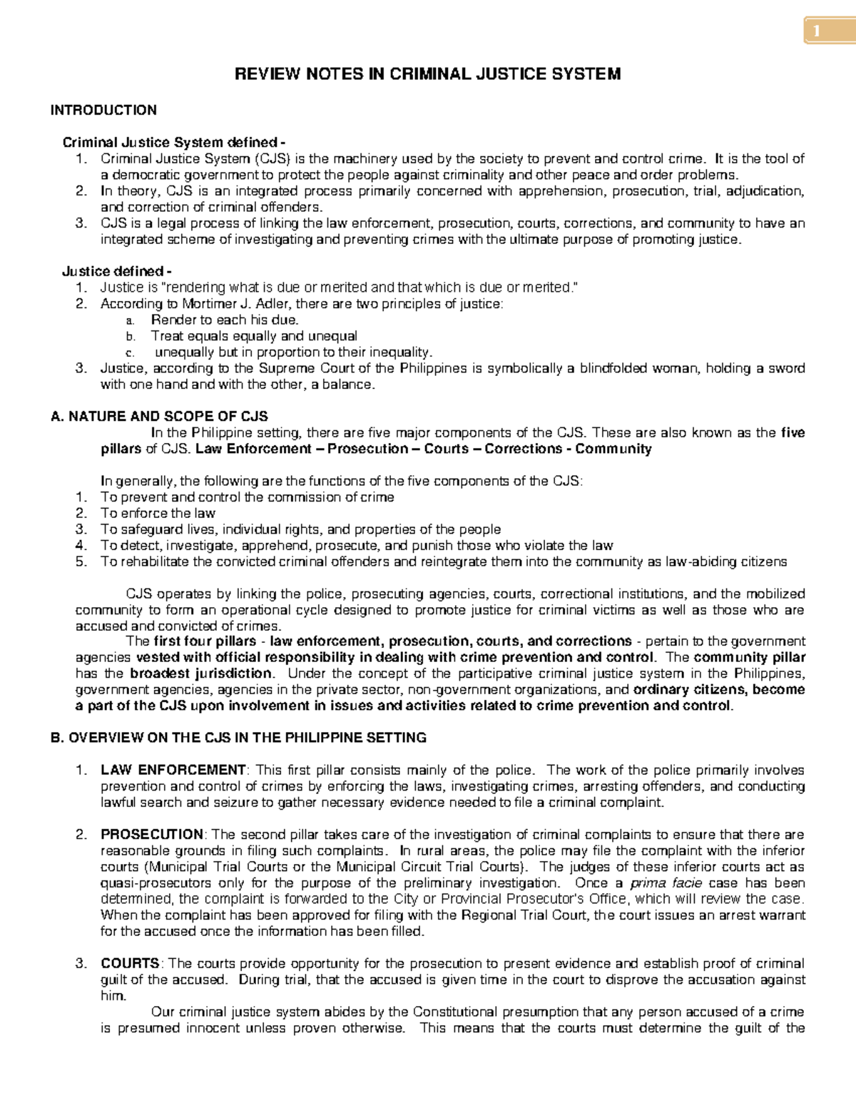 PCJS Summary 16Pages - REVIEW NOTES IN CRIMINAL JUSTICE SYSTEM ...