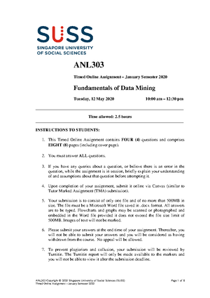 Exam 6 November 2018, questions - ANL303 Examination – July Semester 2018 Fundamentals of Data ...