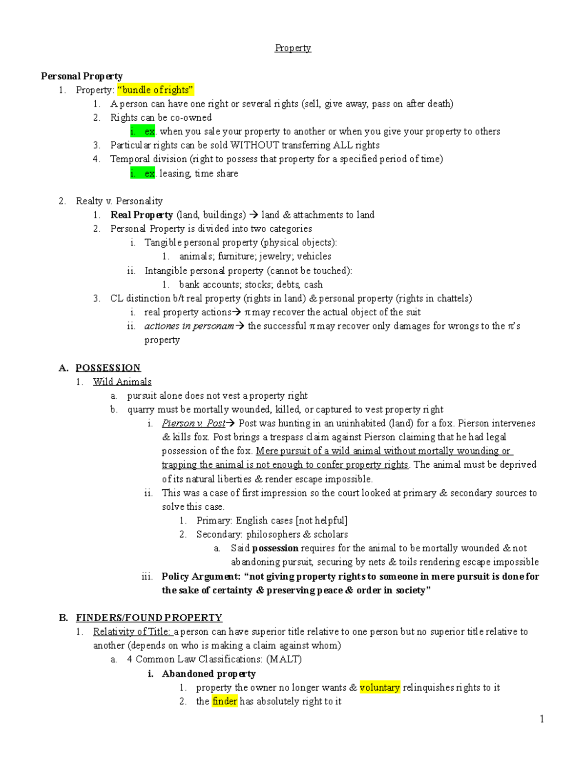 Property Outline - Property Personal Property 1. Property: “bundle of ...