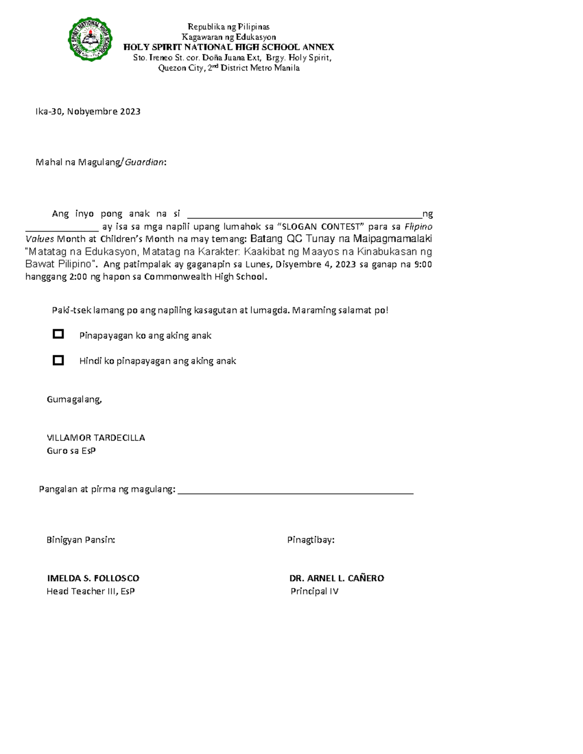 Letter to Parents 2 - Republika ng Pilipinas Kagawaran ng Edukasyon ...