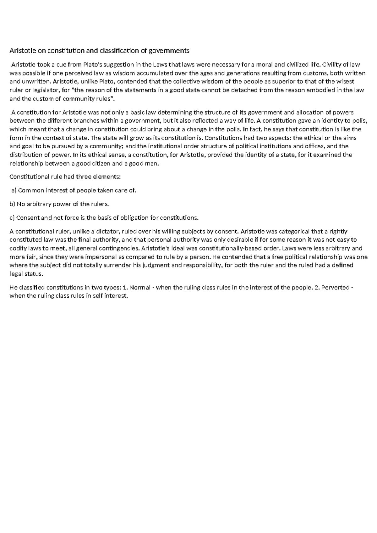 Aristotle notes - Aristotle on constitution and classification of ...