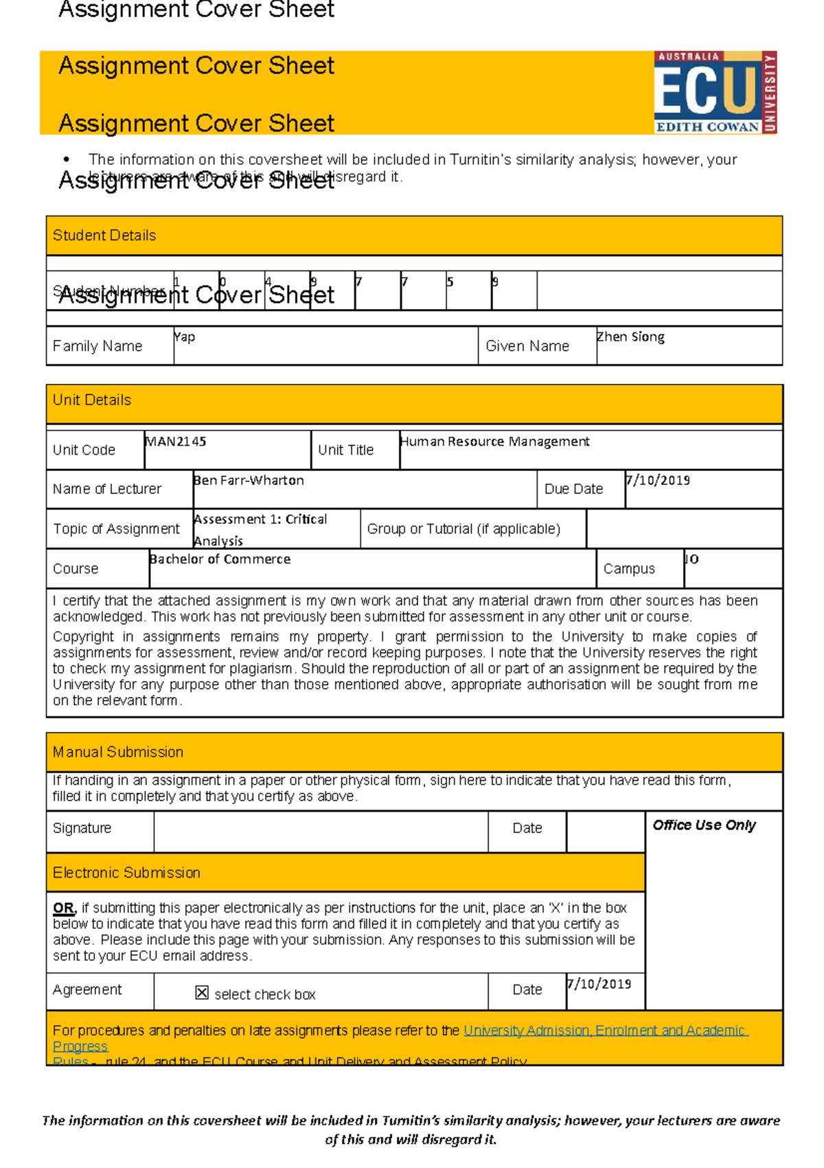 Assessment 1 Critical Analysis - Assignment Cover Sheet Assignment ...