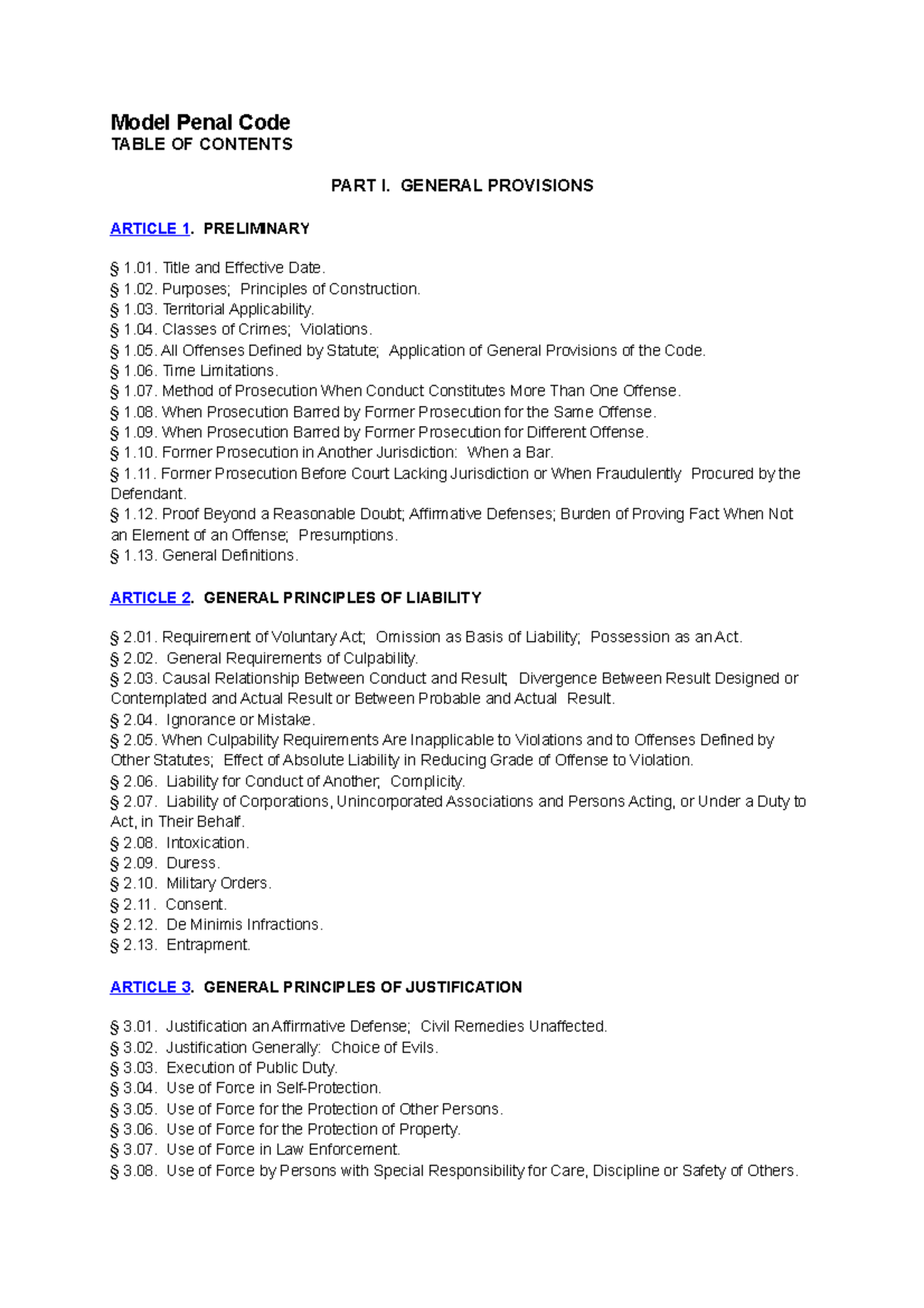 Model Penal Code - Model Penal Code TABLE OF CONTENTS PART I. GENERAL ...