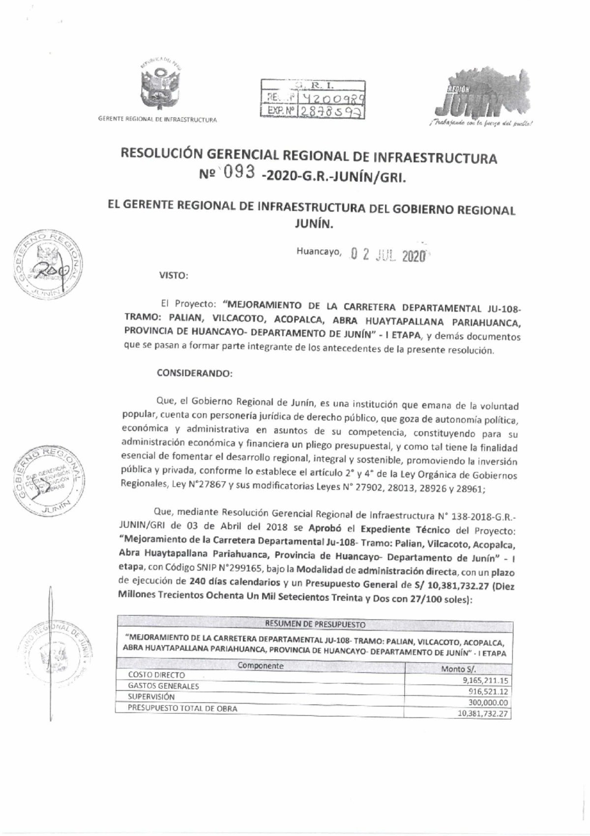 Resoluci n Gerencial Regional de Infraestructura N 093-2020-GR- Junin GRI - Qy QVgUL A De, 1,4 ...