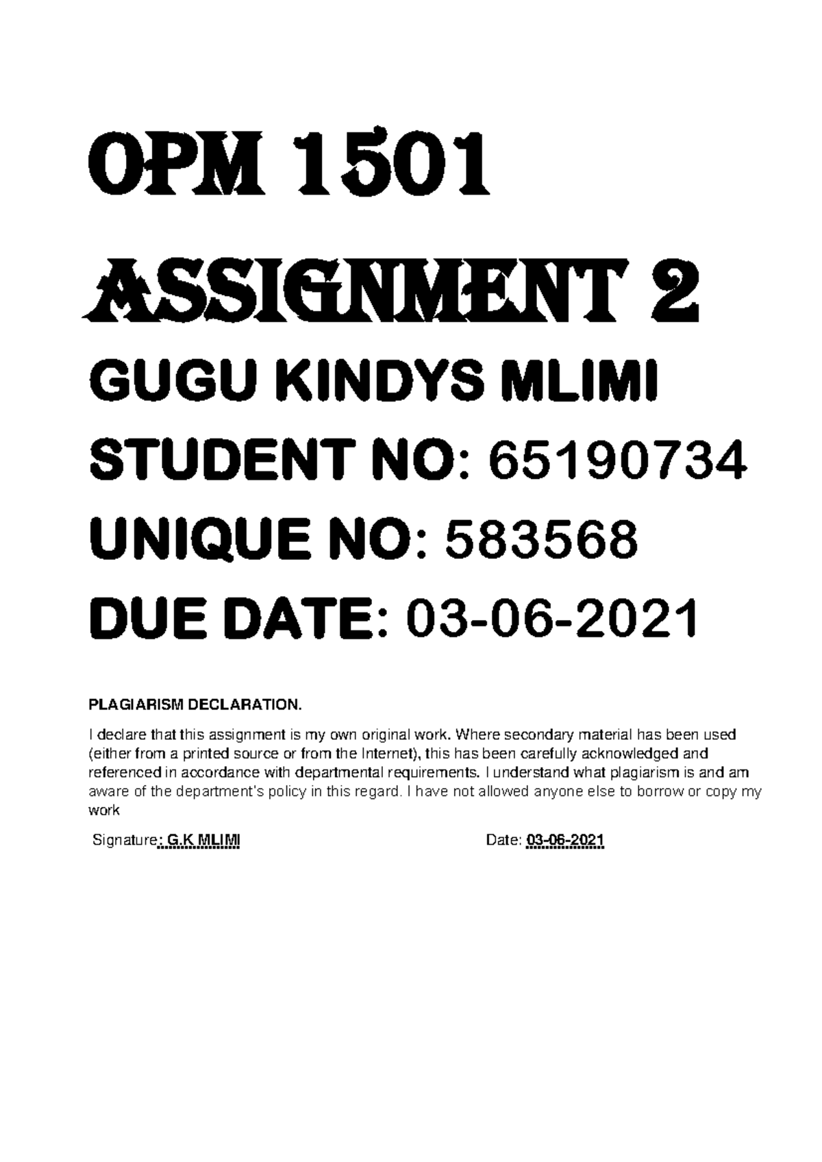 65190734 OPM1501 02 MARK072100 - Opm 1501 ASSIGNMENT 2 GUGU KINDYS ...