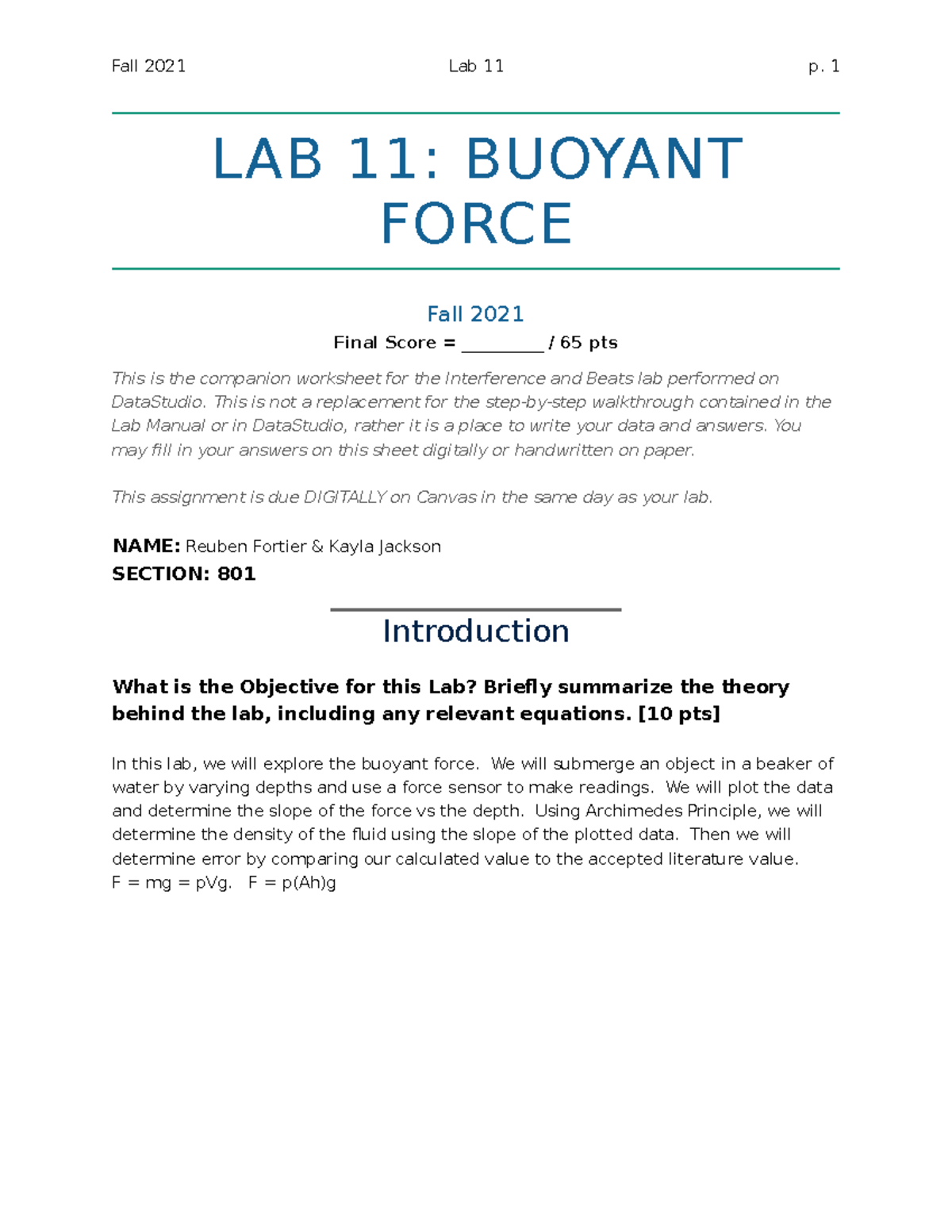 Lab 10 - Buoyant force lab worksheet. - LAB 11: BUOYANT FORCE Fall 2021 ...