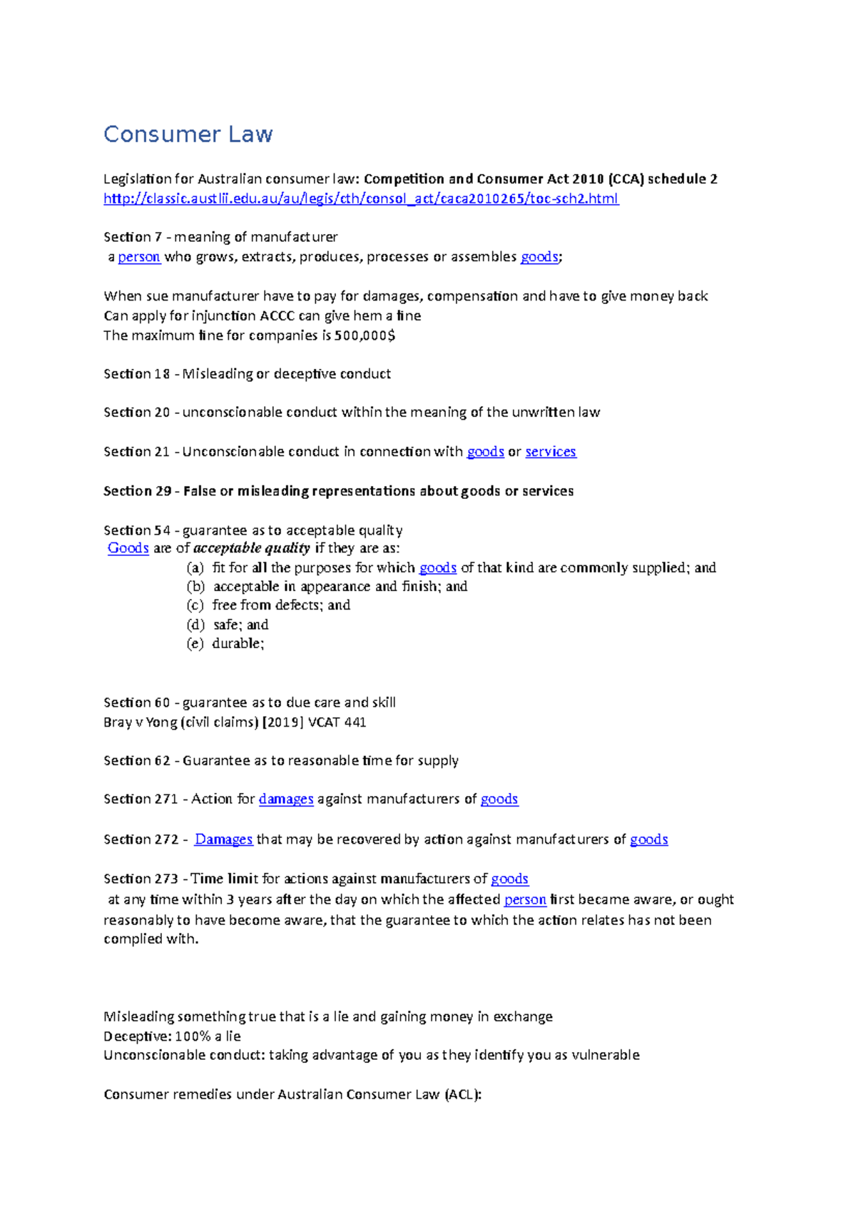 Consumer Law Notes from Commerical Law - Consumer Law Legislation for ...