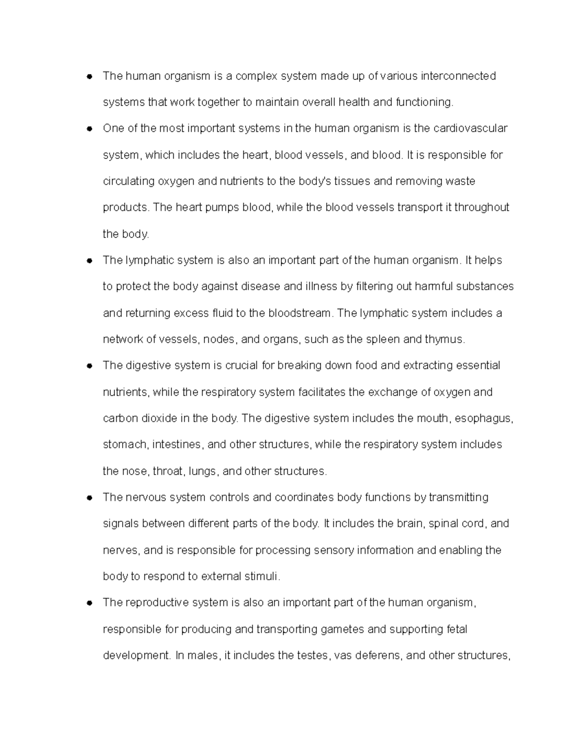 Human organism notes 3 - The human organism is a complex system made up ...