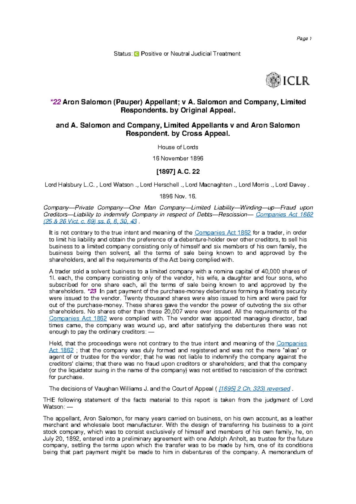Salomon v Salomon and co ltd - Status: Positive or Neutral Judicial ...