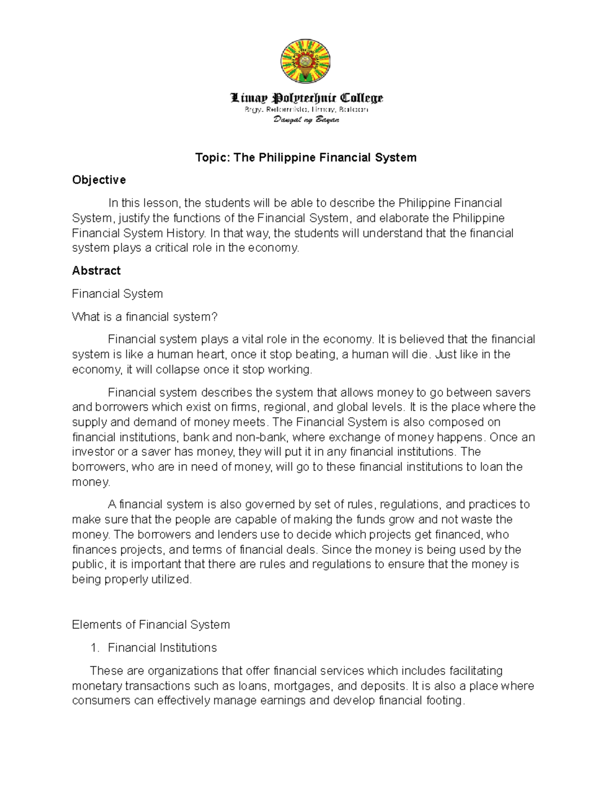 1-3-Philippine Financial System - Topic: The Philippine Financial ...