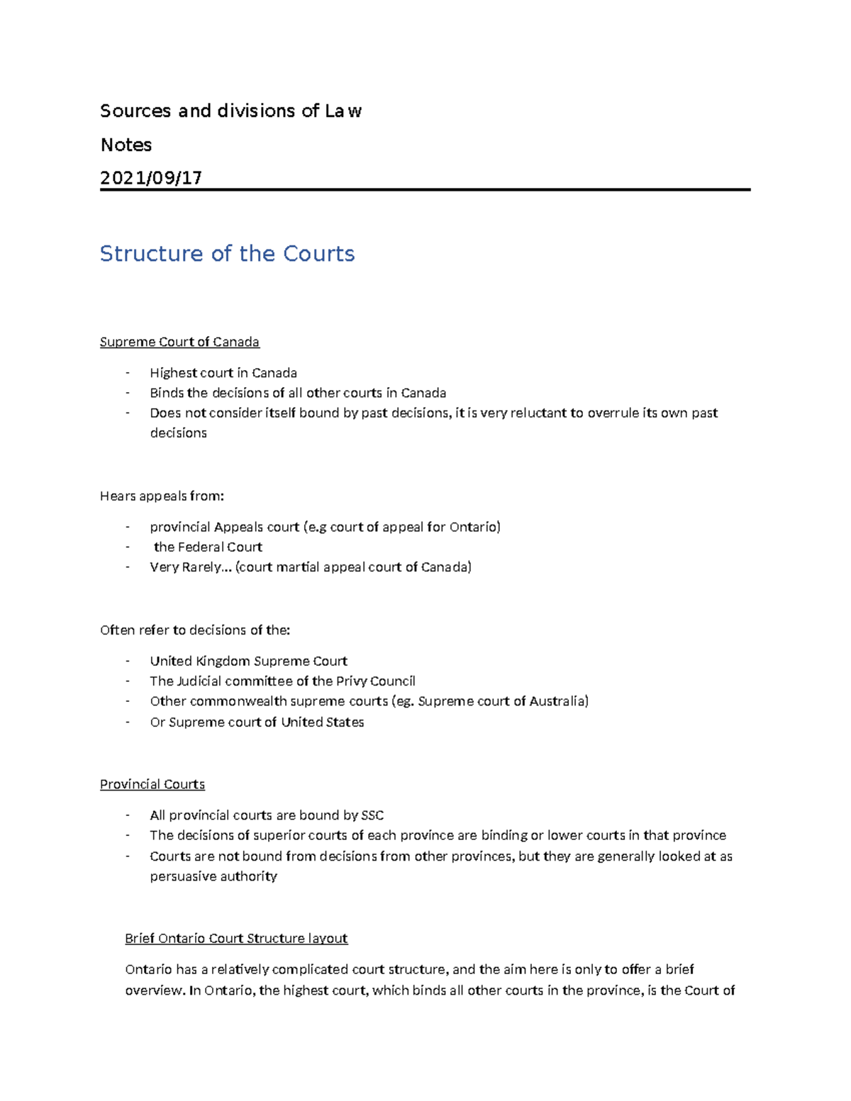 The Court System - week 3 - Sources and divisions of Law Notes 2021/09 ...
