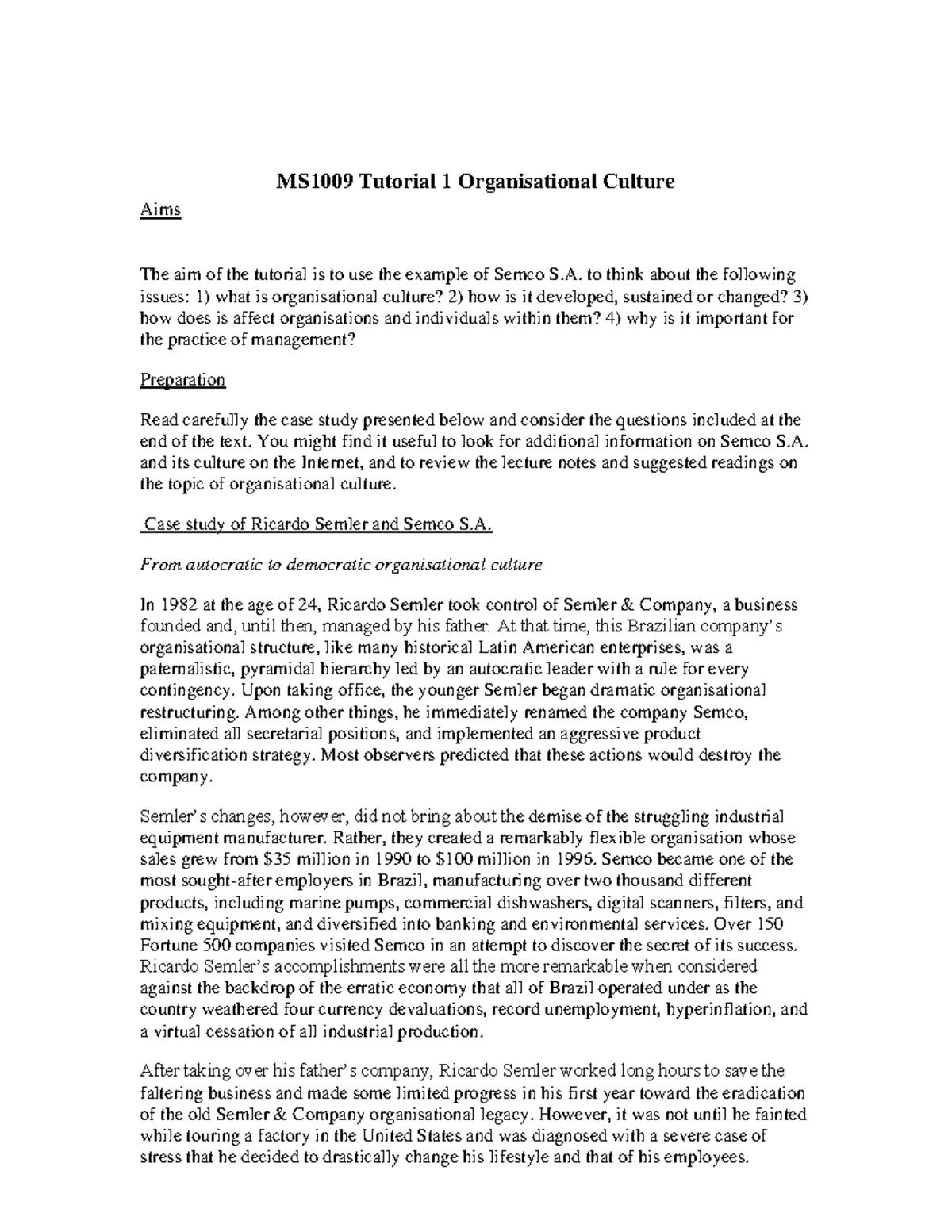 MS 1009 Tutorial 1 Organisational Culture - Aims MS1009 Tutorial 1 ...