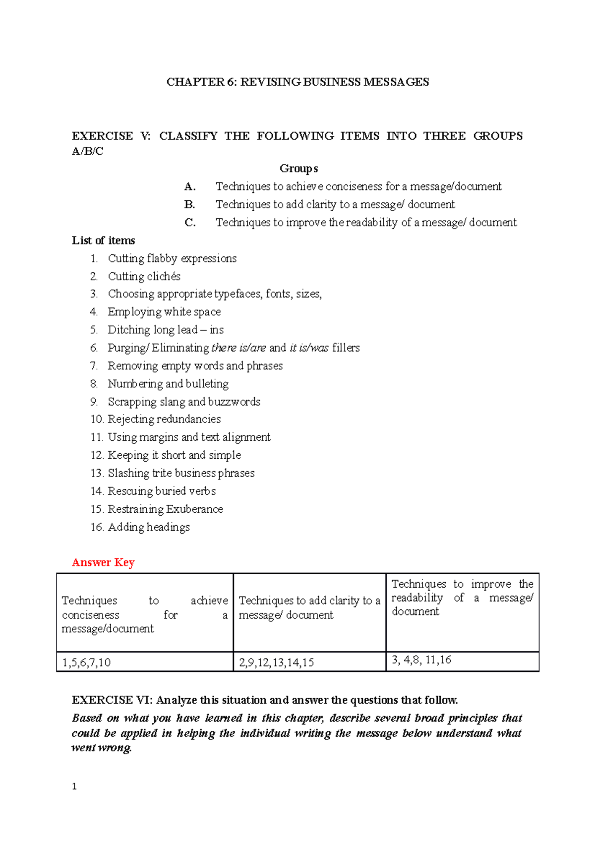 Chapter 6 - KEY - Key - CHAPTER 6: REVISING BUSINESS MESSAGES EXERCISE V: CLASSIFY THE FOLLOWING ...