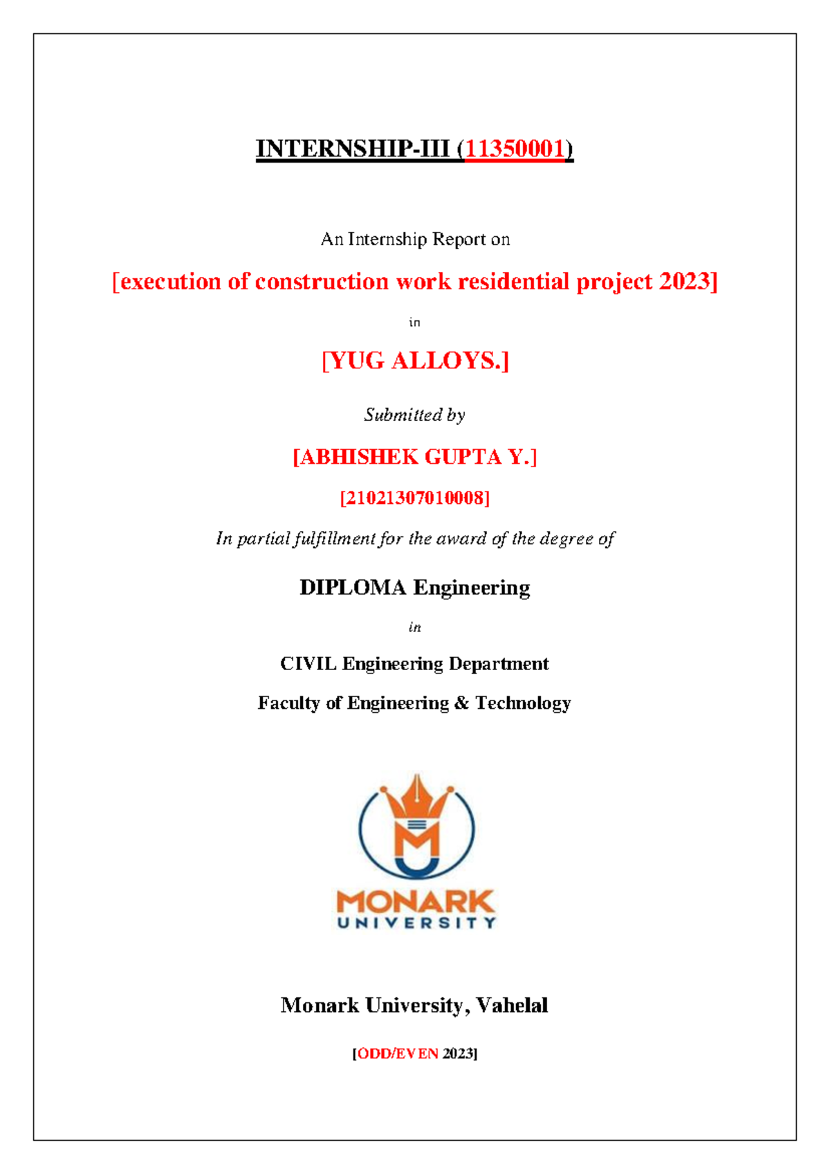 Internship Civil - INTERNSHIP-III ( 11350001 ) An Internship Report on ...