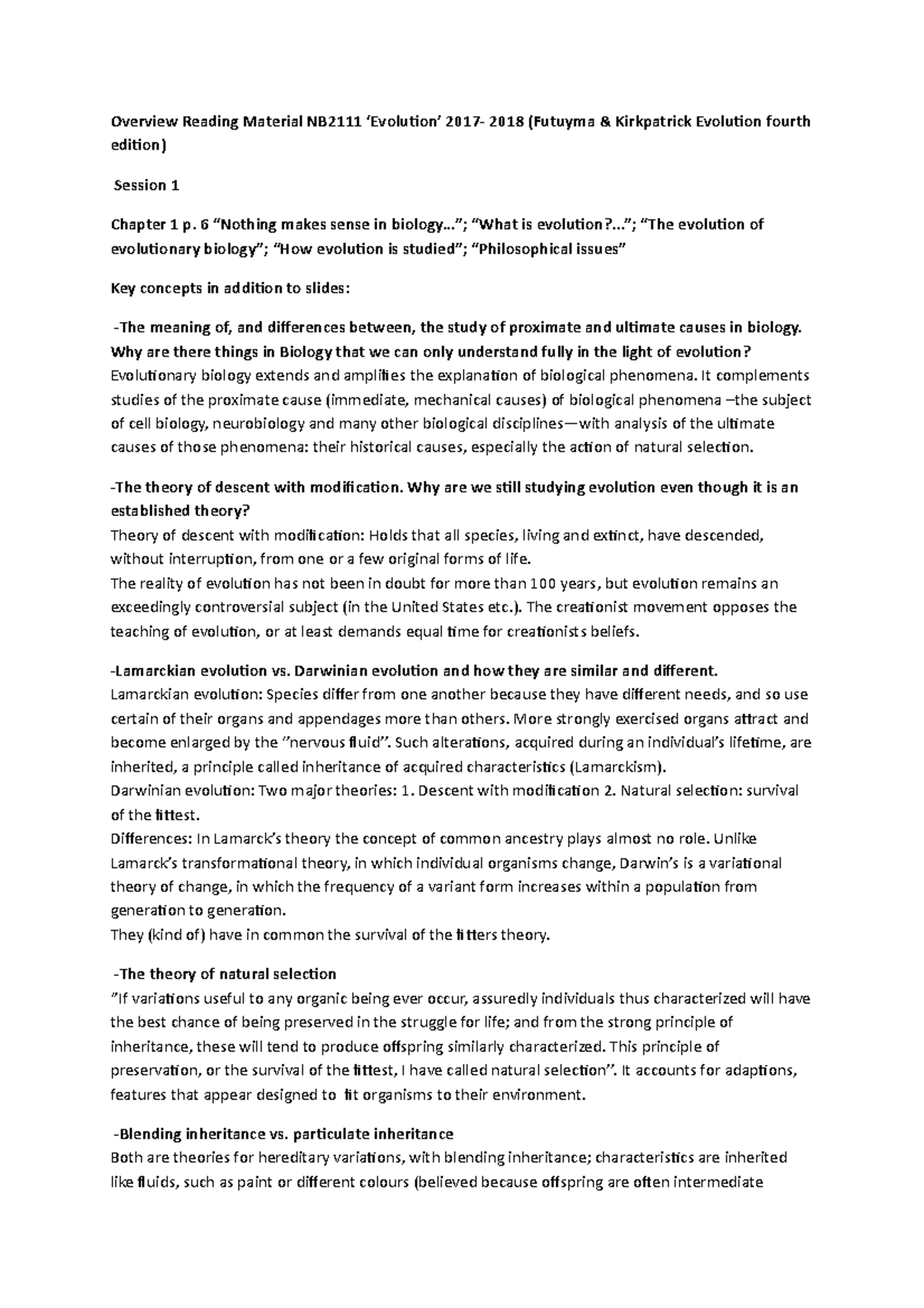 Samenvatting Evolution key concepts - Overview Reading Material 2018 ...