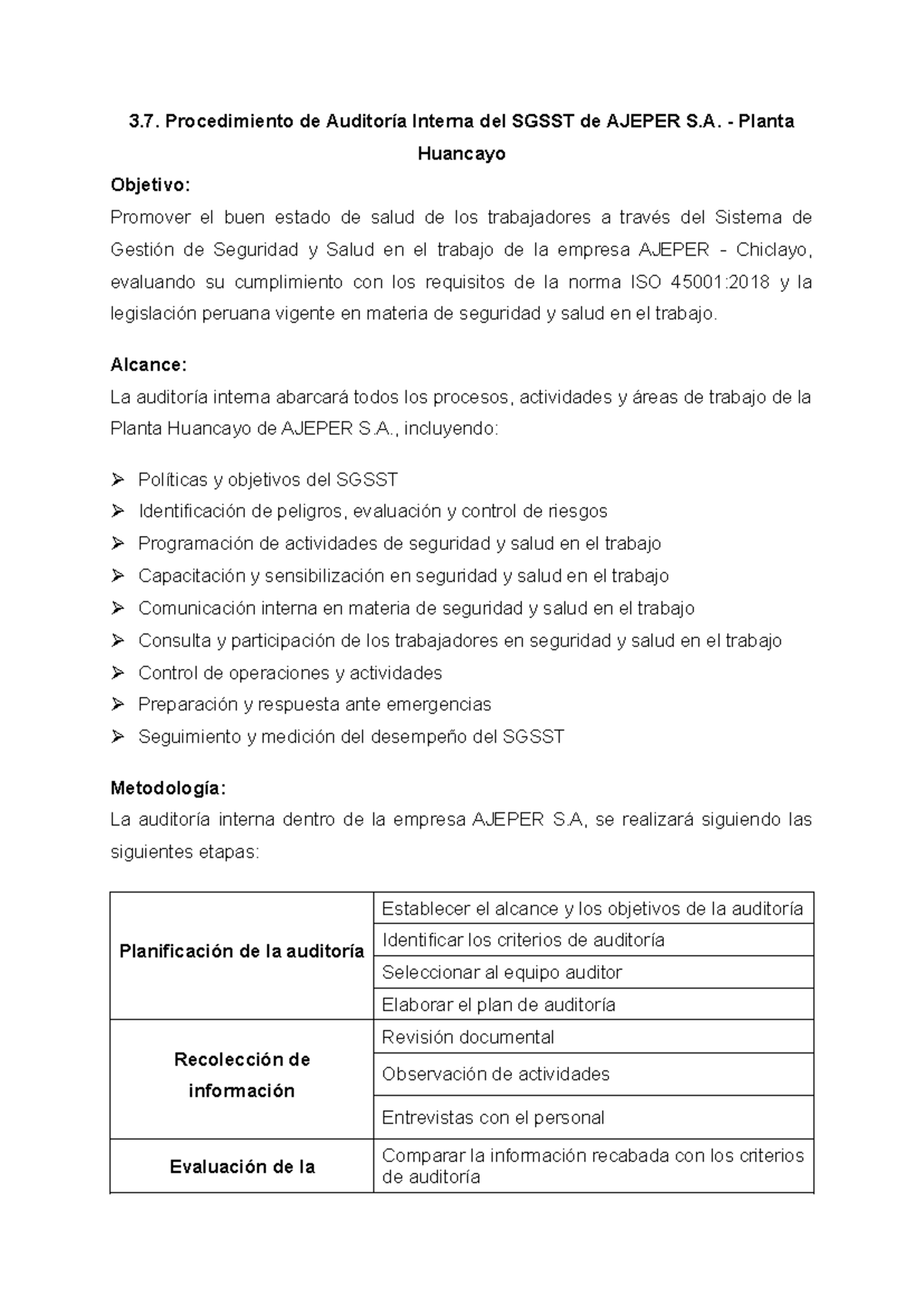 Procedimiento de auditoria interna de Sgsst - Empresa Ajeper S.A ...