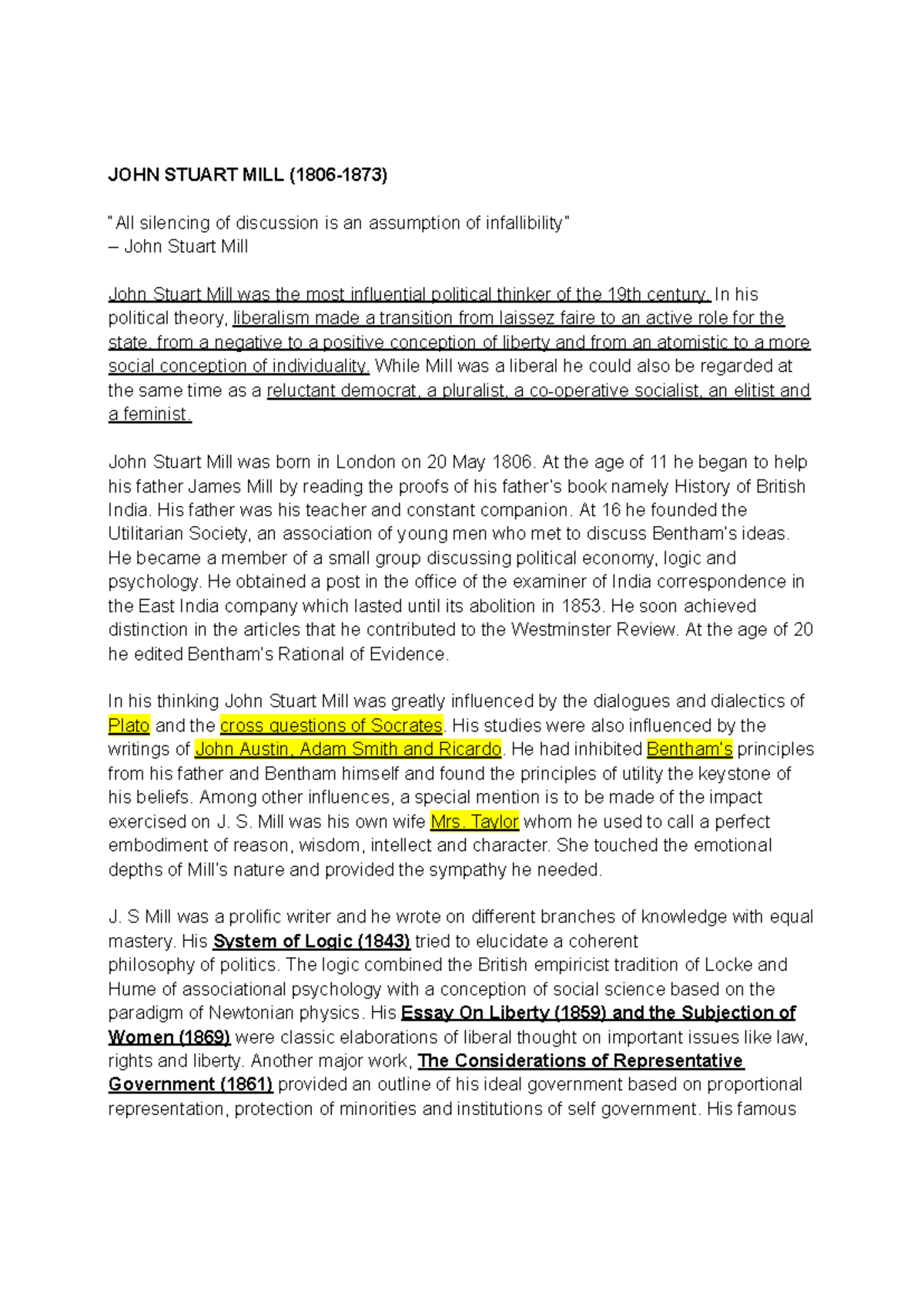 MPP - Modern Political Philosophy - JOHN STUART MILL (1806-1873) “All ...