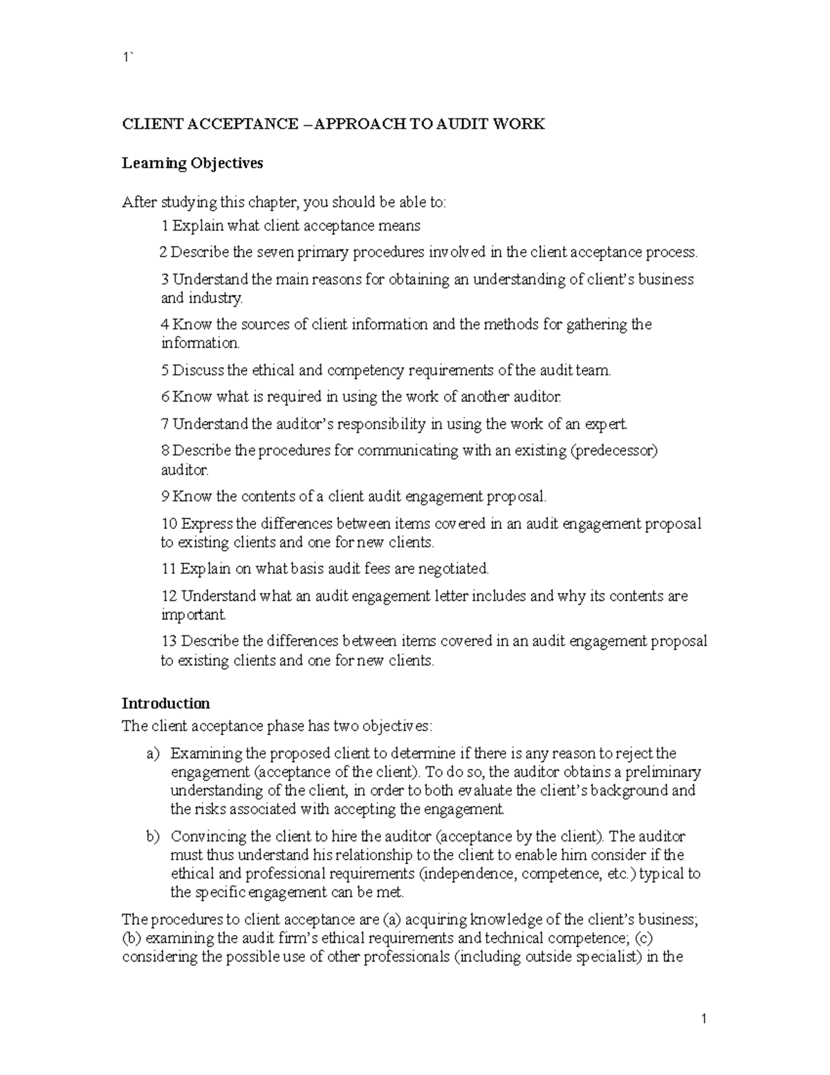 CHP-4- Client Acceptance - CLIENT ACCEPTANCE – APPROACH TO AUDIT WORK ...