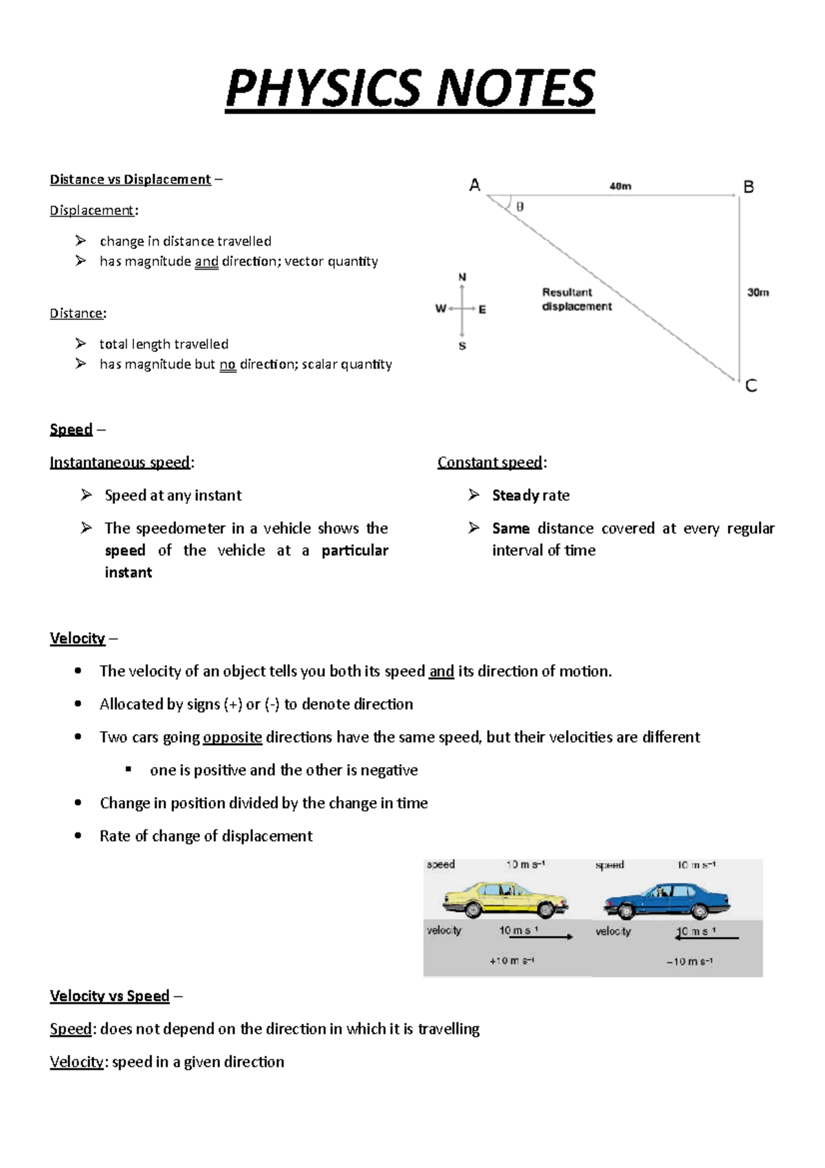 Physics General Notes - PHYSICS NOTES Distance vs Displacement ...