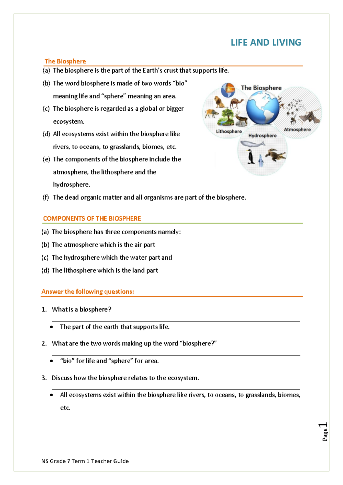 Natural science pdf book - Page 1 LIFE AND LIVING The Biosphere (a) The ...
