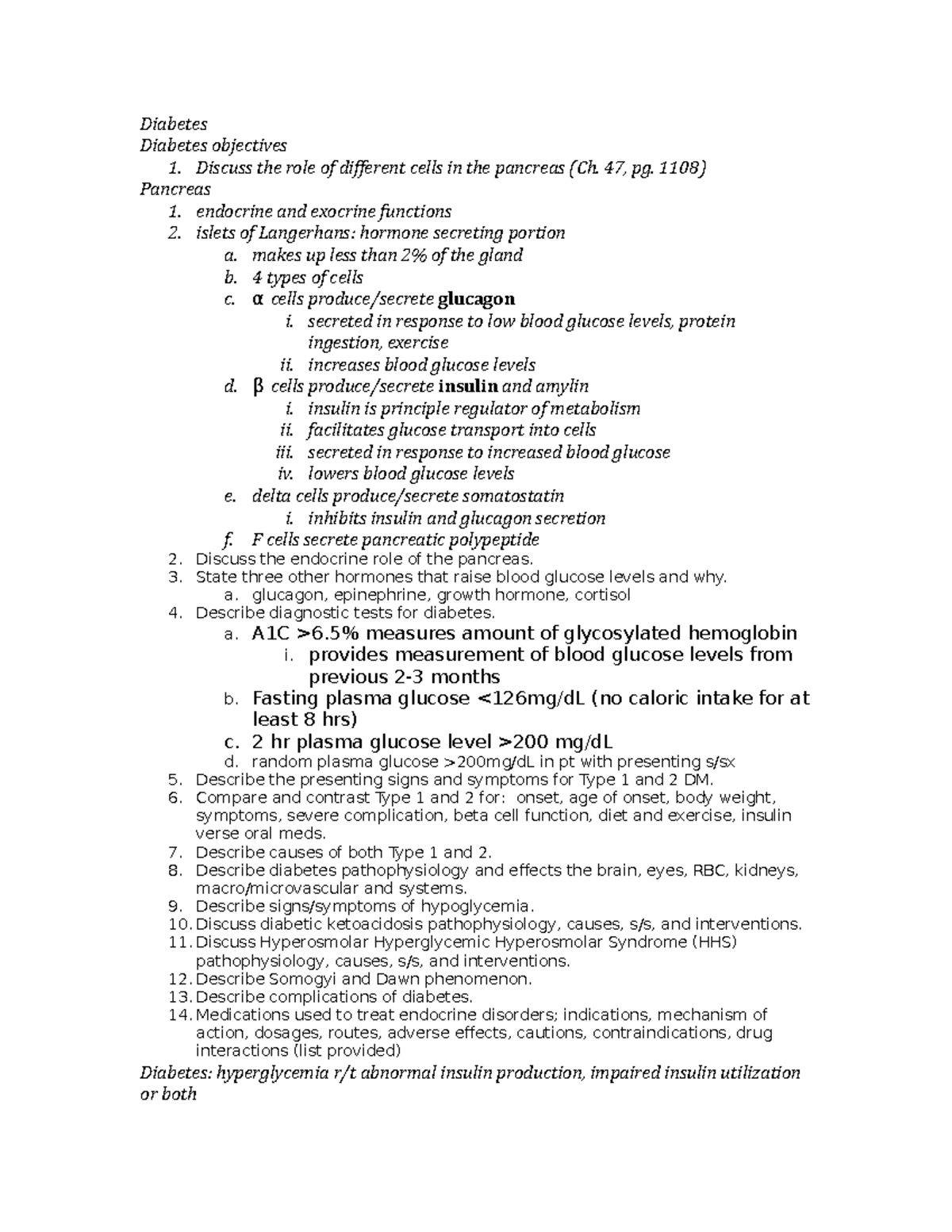 Diabetes Ch. 48 - Diabetes Diabetes objectives 1. Discuss the role of ...