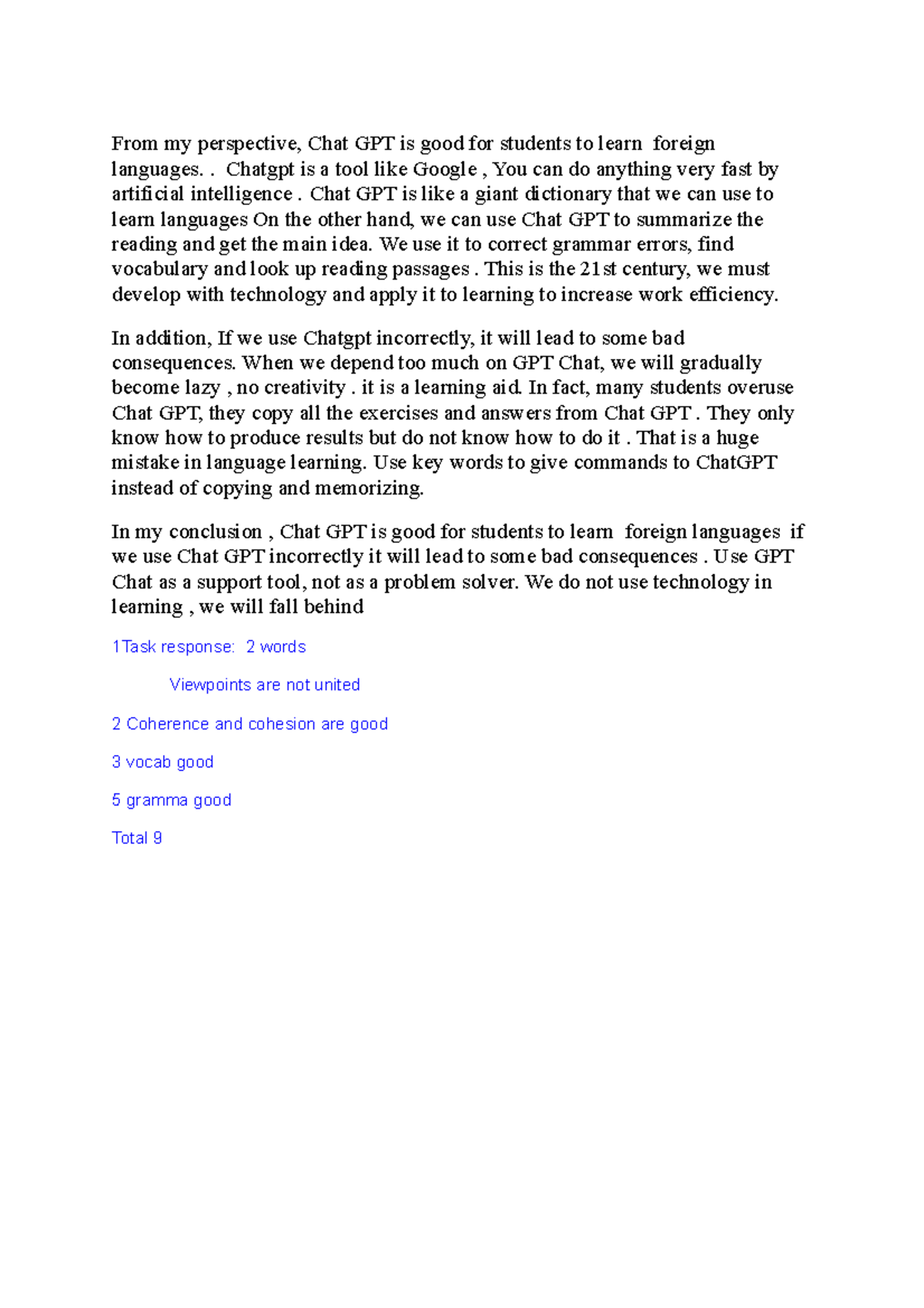 Writting Task - From my perspective, Chat GPT is good for students to ...
