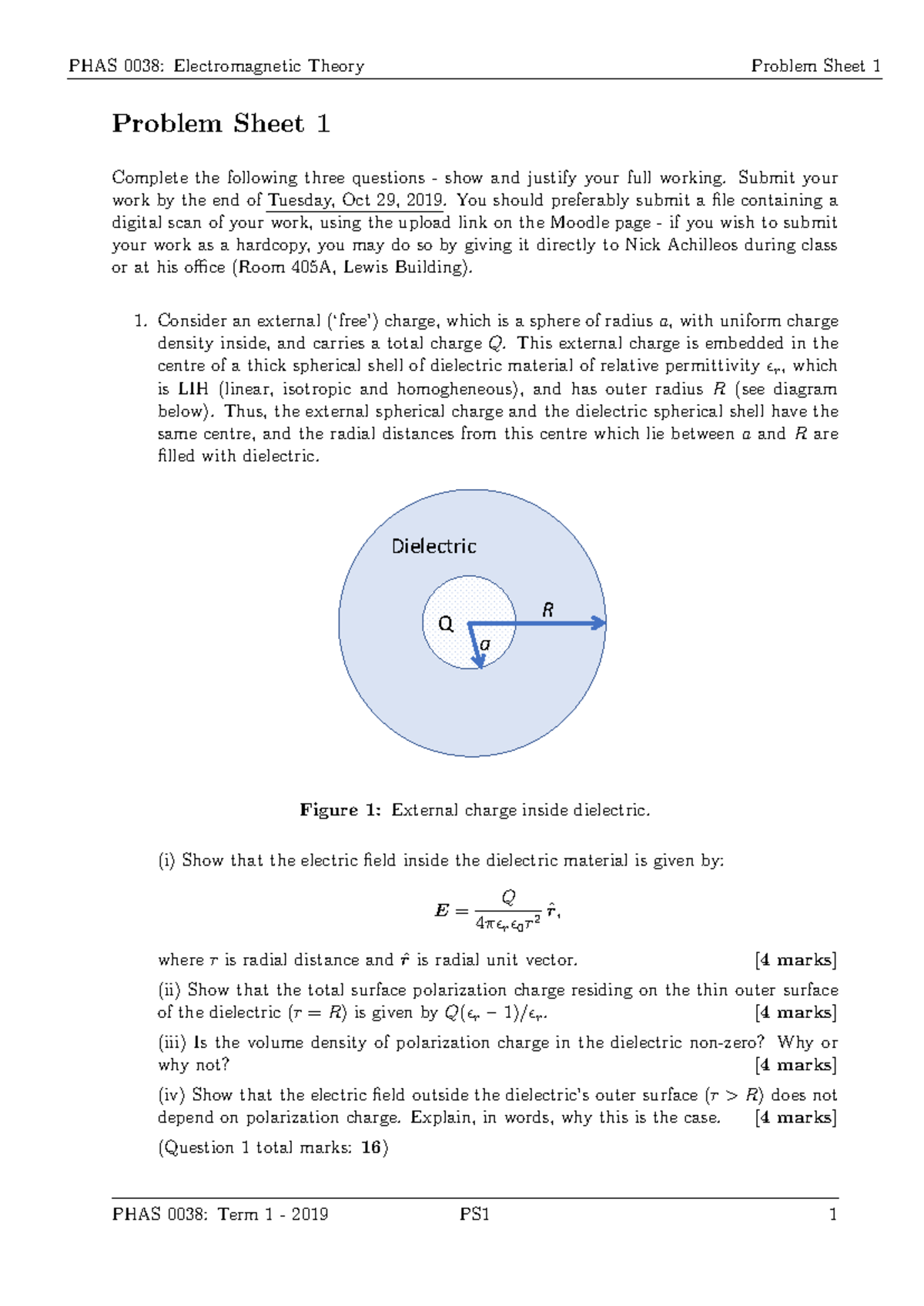 PS1 2019-20-V0 - problem sheet - PHAS 0038: Electromagnetic Theory Problem Sheet 1 Problem Sheet ...
