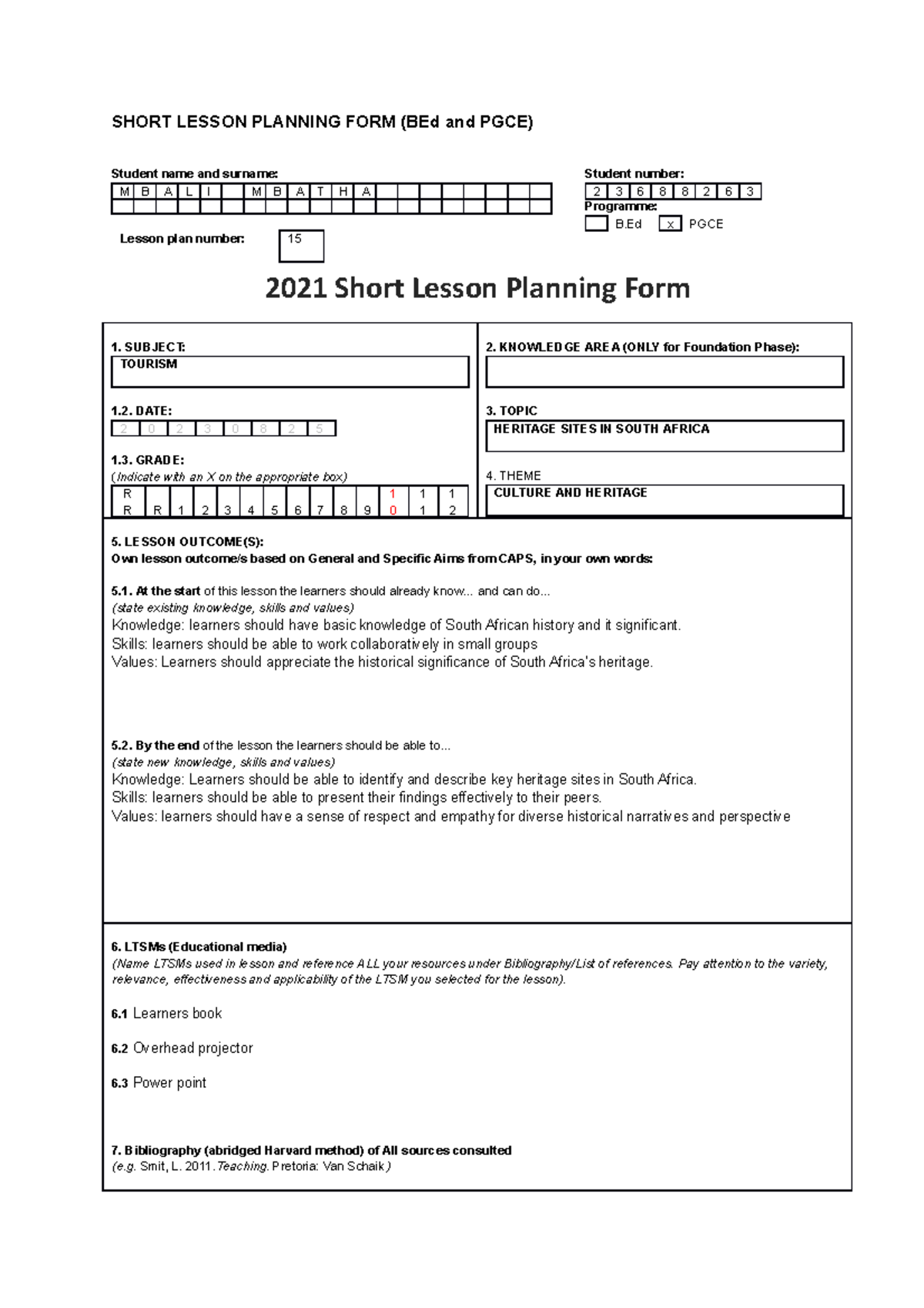 Short lesson plan number 15 - SHORT LESSON PLANNING FORM (BEd and PGCE ...