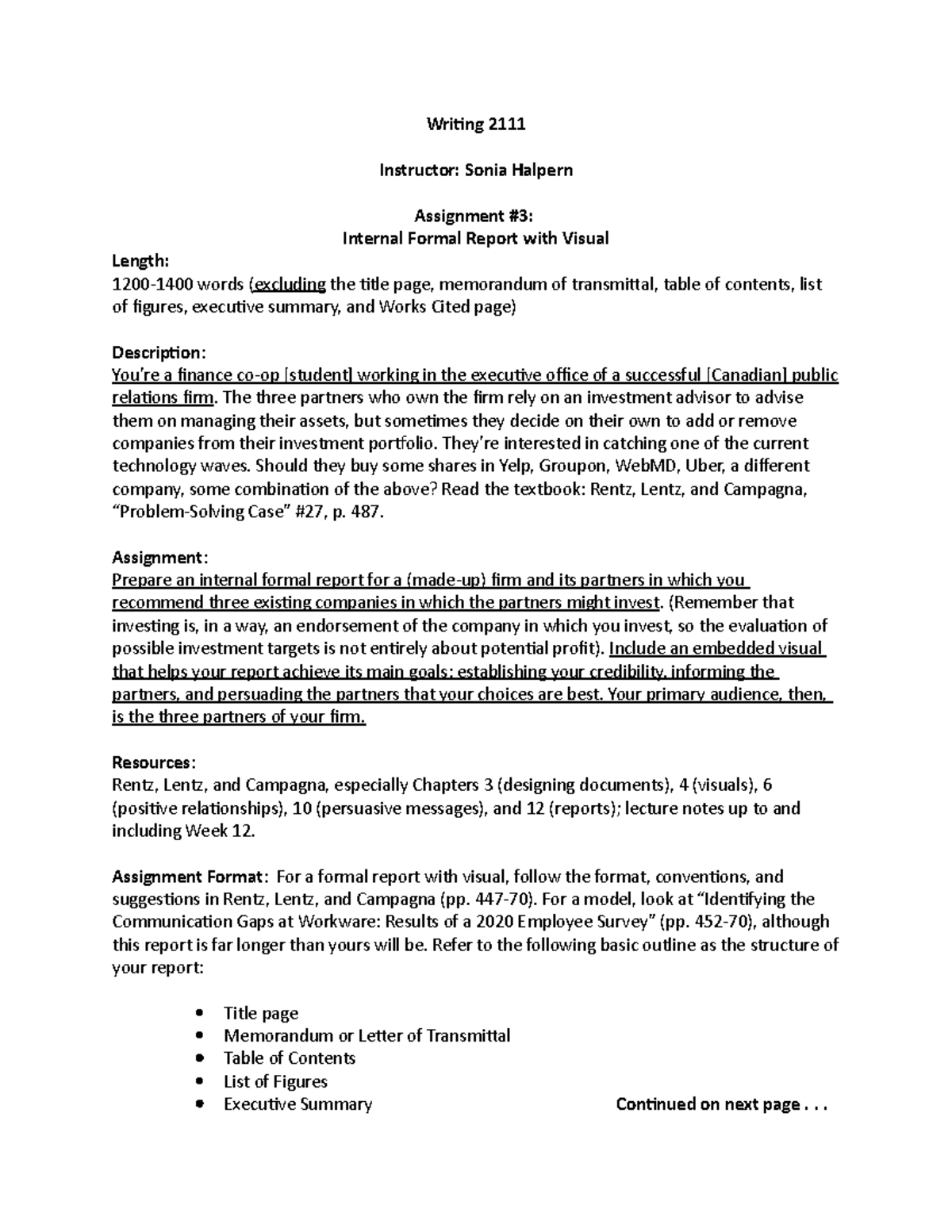 2111 Assignment 3 2022 - Writing 2111 Instructor: Sonia Halpern ...