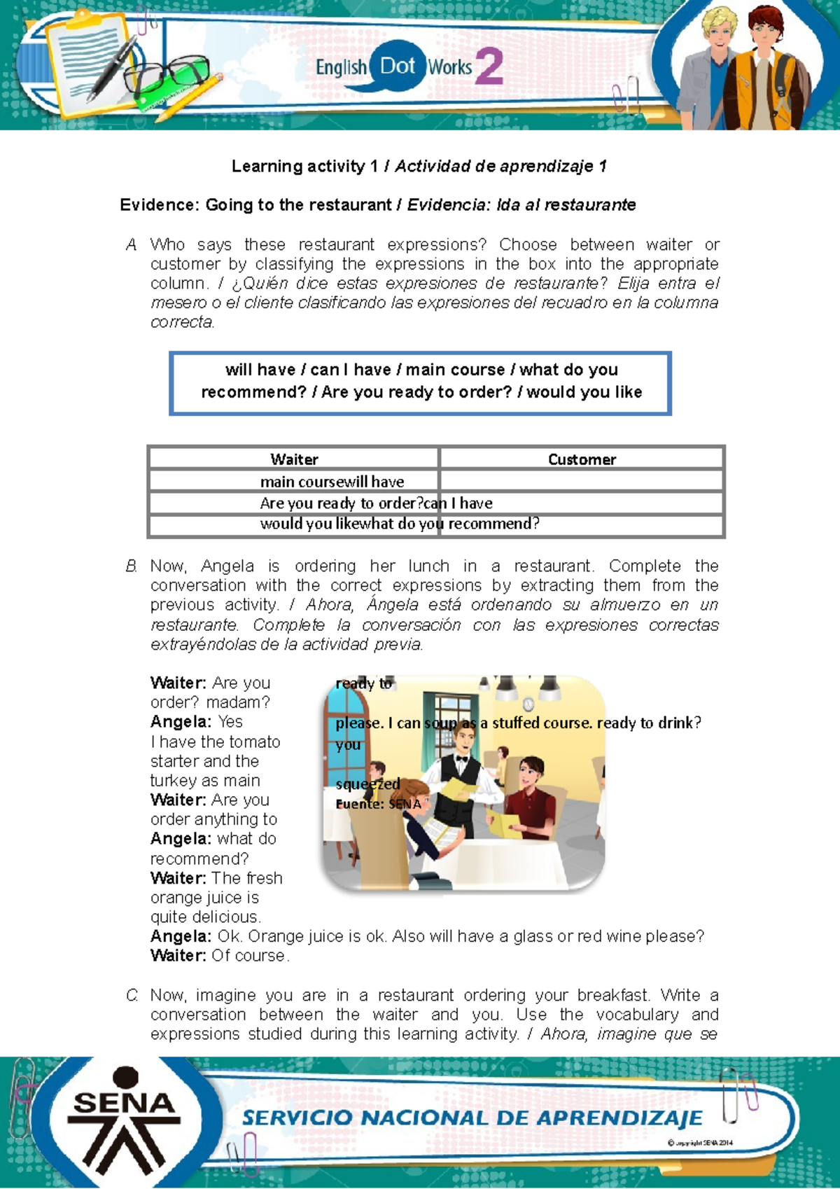 Pdf 2 going to the restaurant resuelto - Waiter Customer main ...