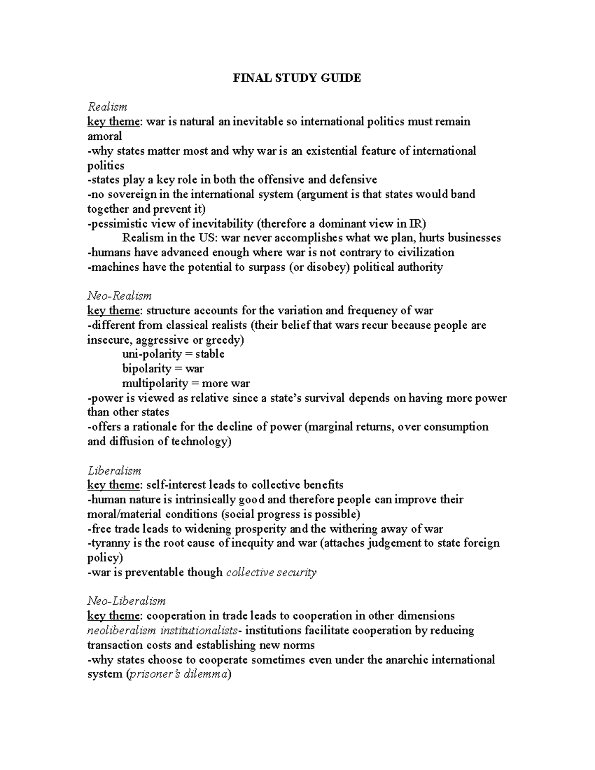 Ir 271 final exam - FINAL STUDY GUIDE Realism key theme: war is natural ...