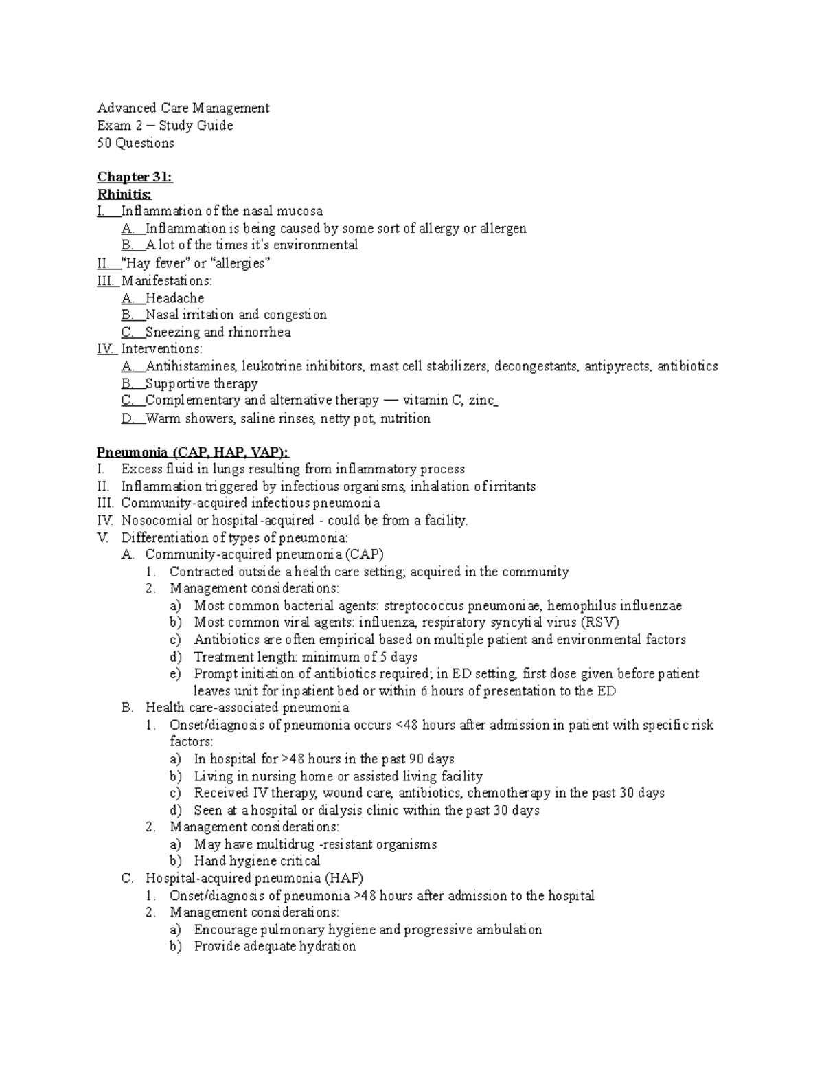 ACM Exam 2 Study Guide - Advanced Care Management Exam 2 – Study Guide ...