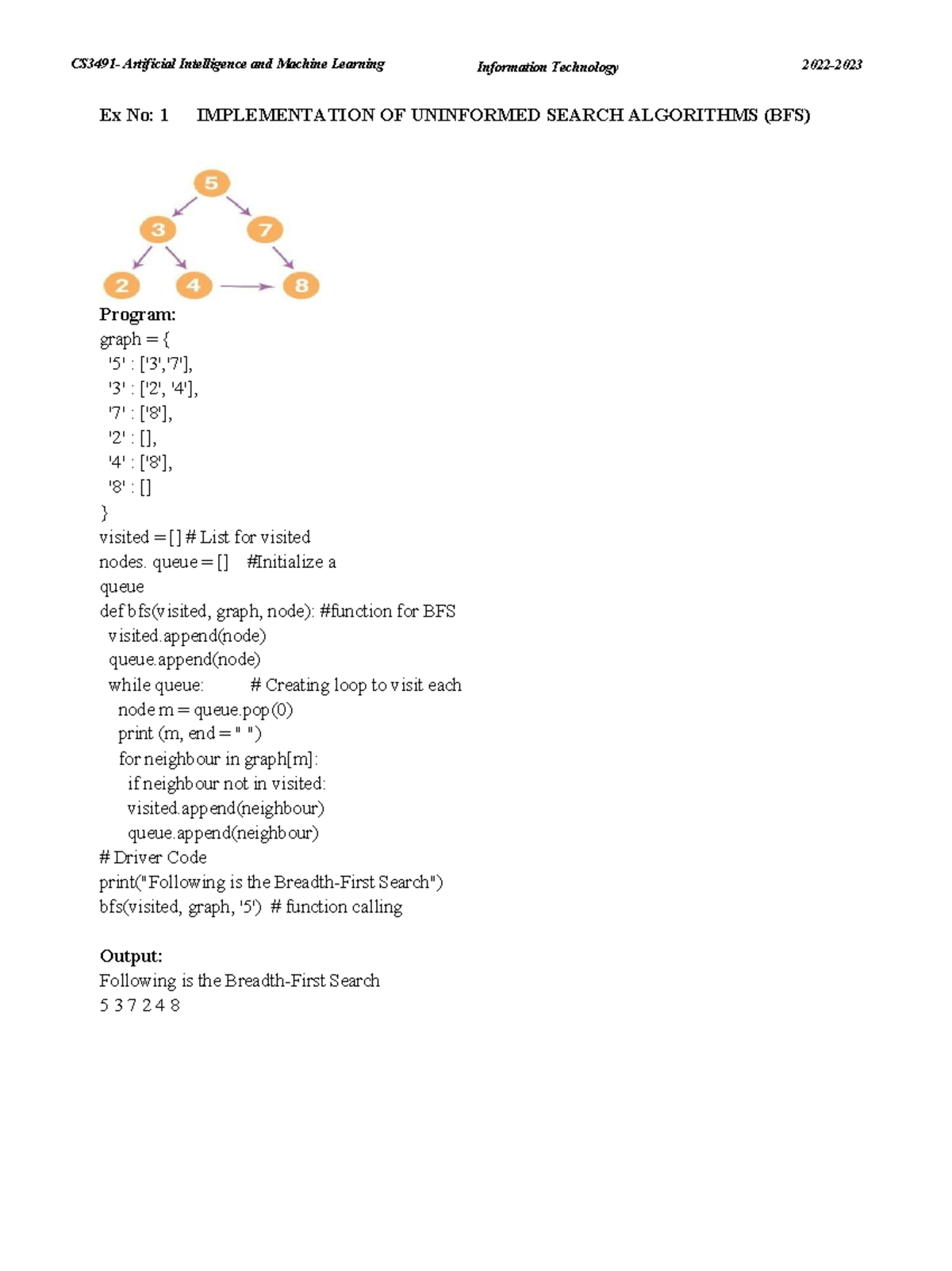 Ai And Ml Lab Manual New Nothing Ex No 1 Implementation Of Uninformed Search Algorithms 2262