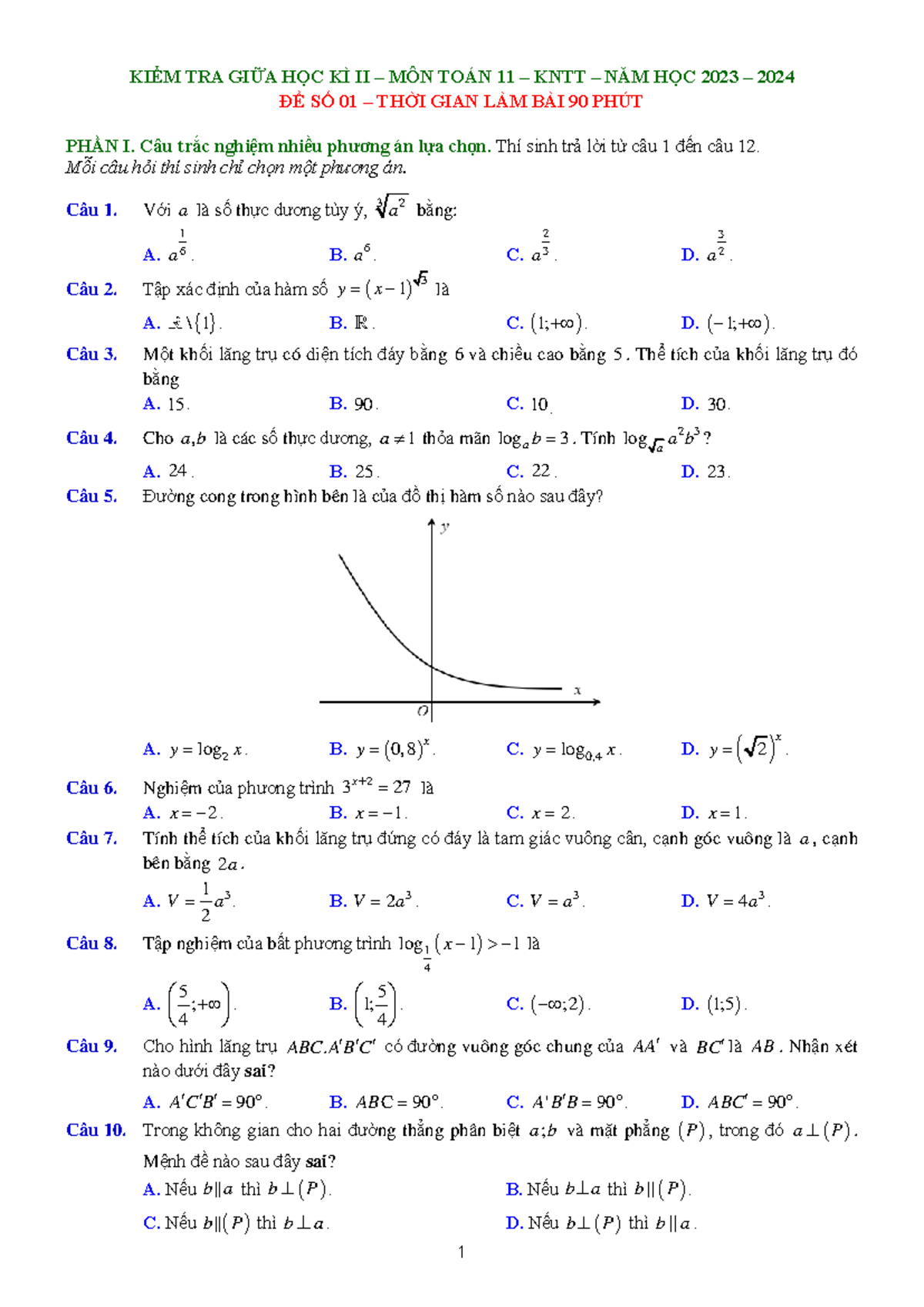 1. ĐỀ 01 GKII TOÁN 11 KNTT (CT MỚI) - 1 KIỂM TRA GIỮA HỌC KÌ II – MÔN TOÁN 11 – KNTT – NĂM HỌC ...