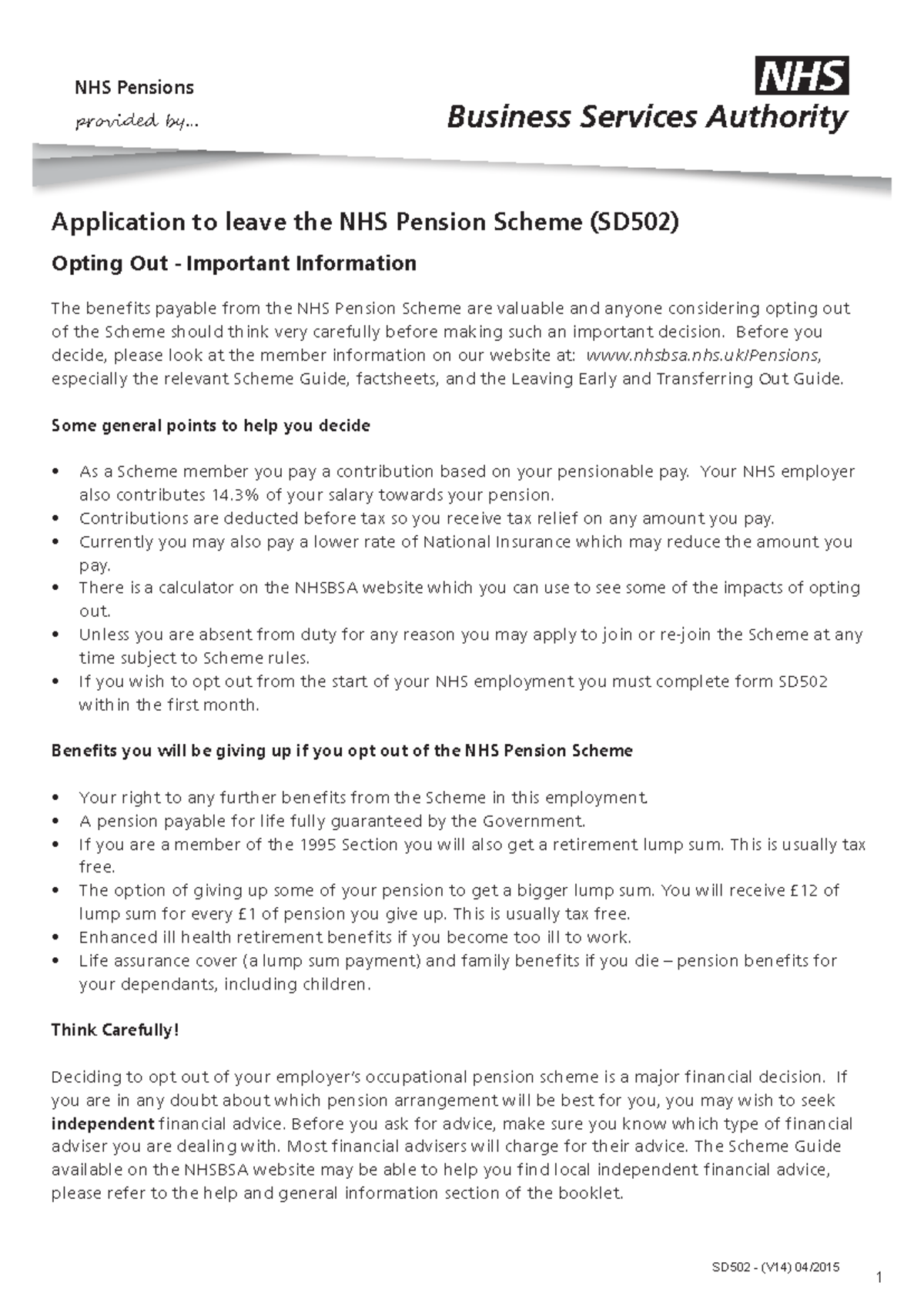 SD502 Form 2 - Application to leave the NHS Pension Scheme - (SD502 ...