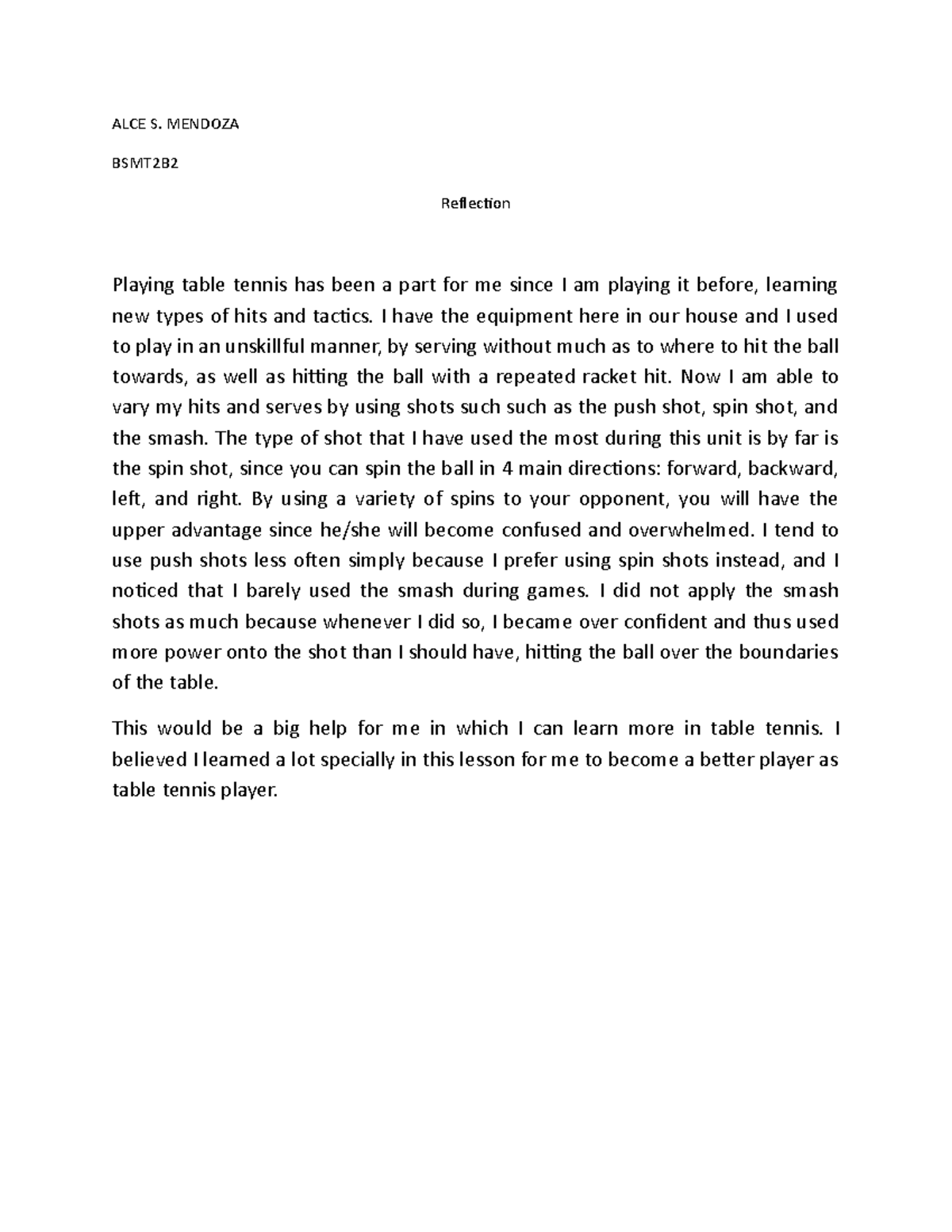 Reflection PE3 - ALCE S. MENDOZA BSMT2B Reflection Playing table tennis ...