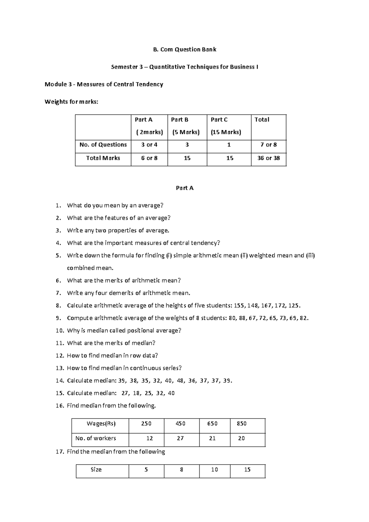 Q.B. - Measures of Central Tendency - B. Com Question Bank Semester 3 – Quantitative Techniques ...