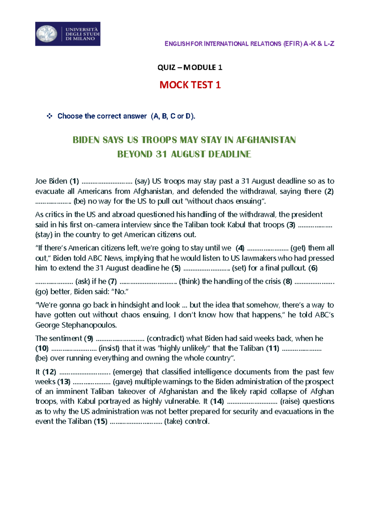 MOCK 1 (1) STU - Moca test - ENGLISH FOR INTERNATIONAL RELATIONS (EFIR ...
