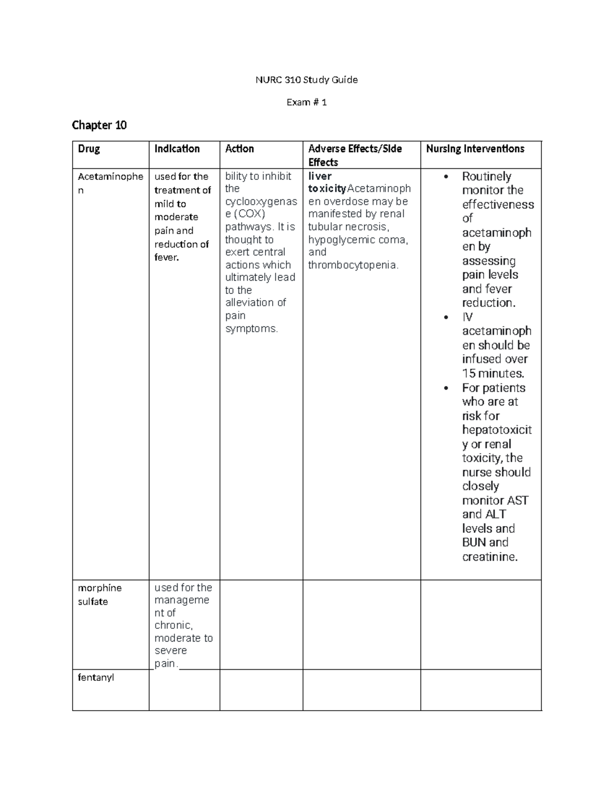 NURC 310 Study Guide Exam # 1 - NURC 310 Study Guide Exam # 1 Chapter ...