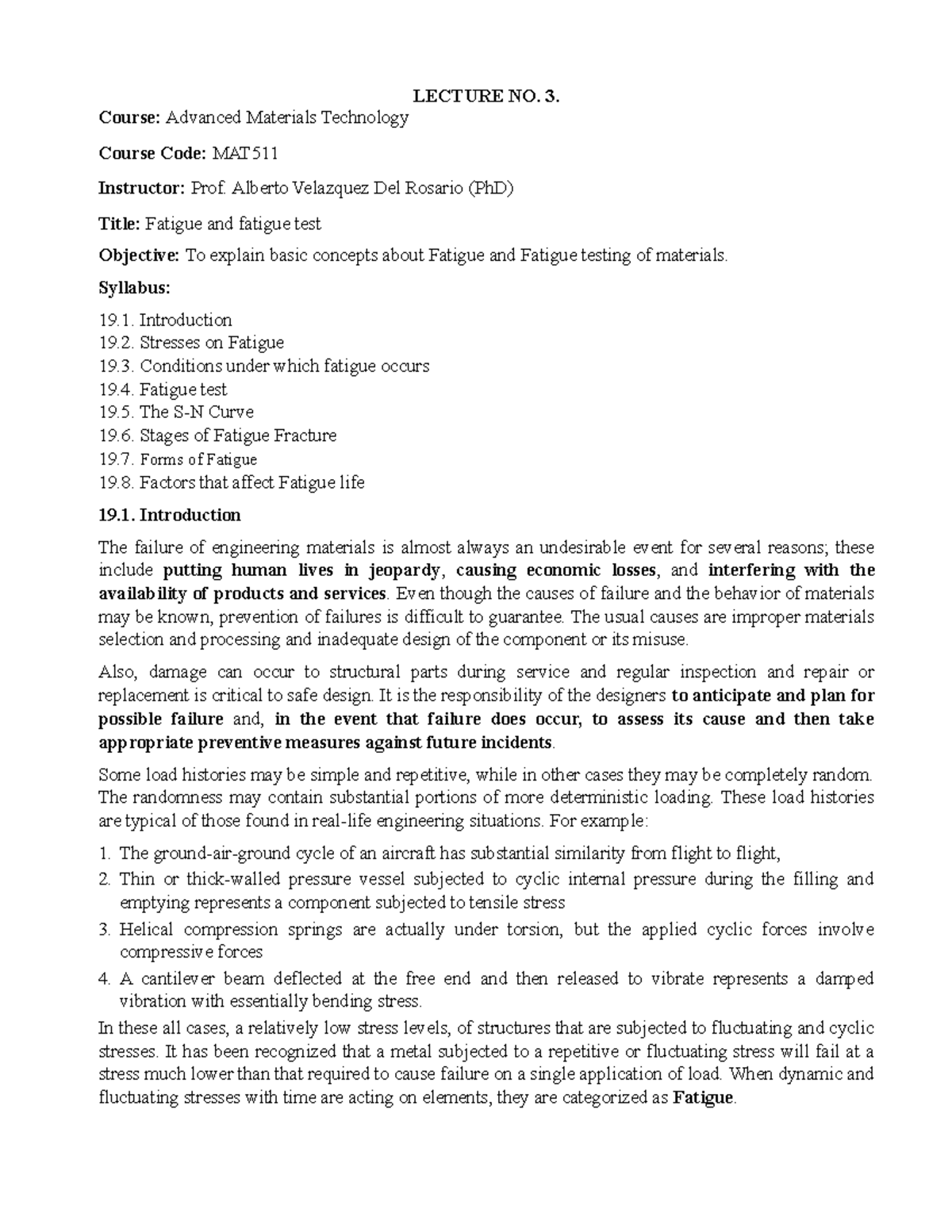 Fatigue-Learning Guide - LECTURE NO. 3. Course: Advanced Materials ...