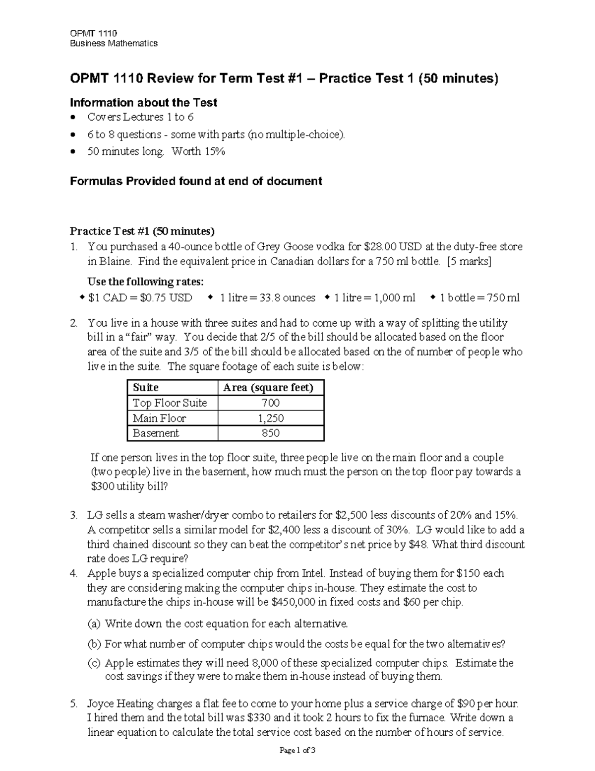 Practice Test 1 - Pracetice Test for Midterm 1 - OPMT 1110 Business ...