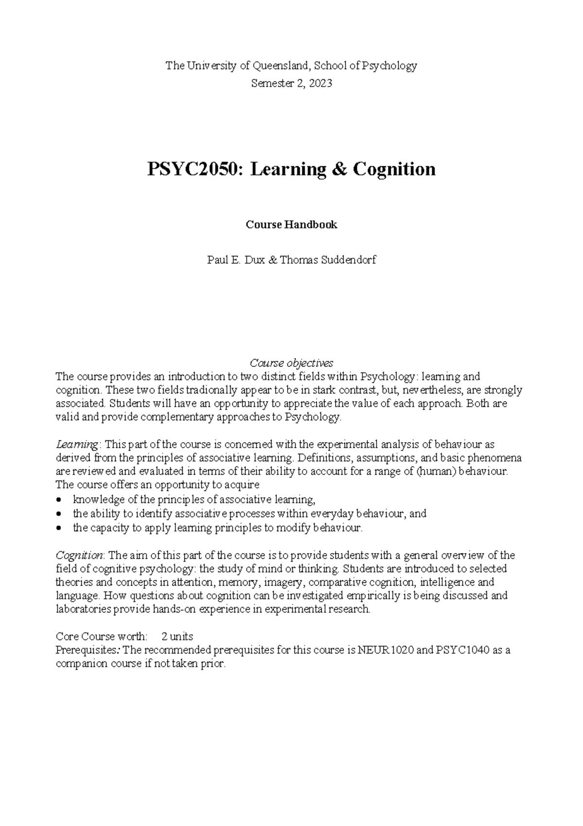 Handout PSYC2050 Sem1 2023 - The University of Queensland, School of Psychology Semester 2, 2023 ...
