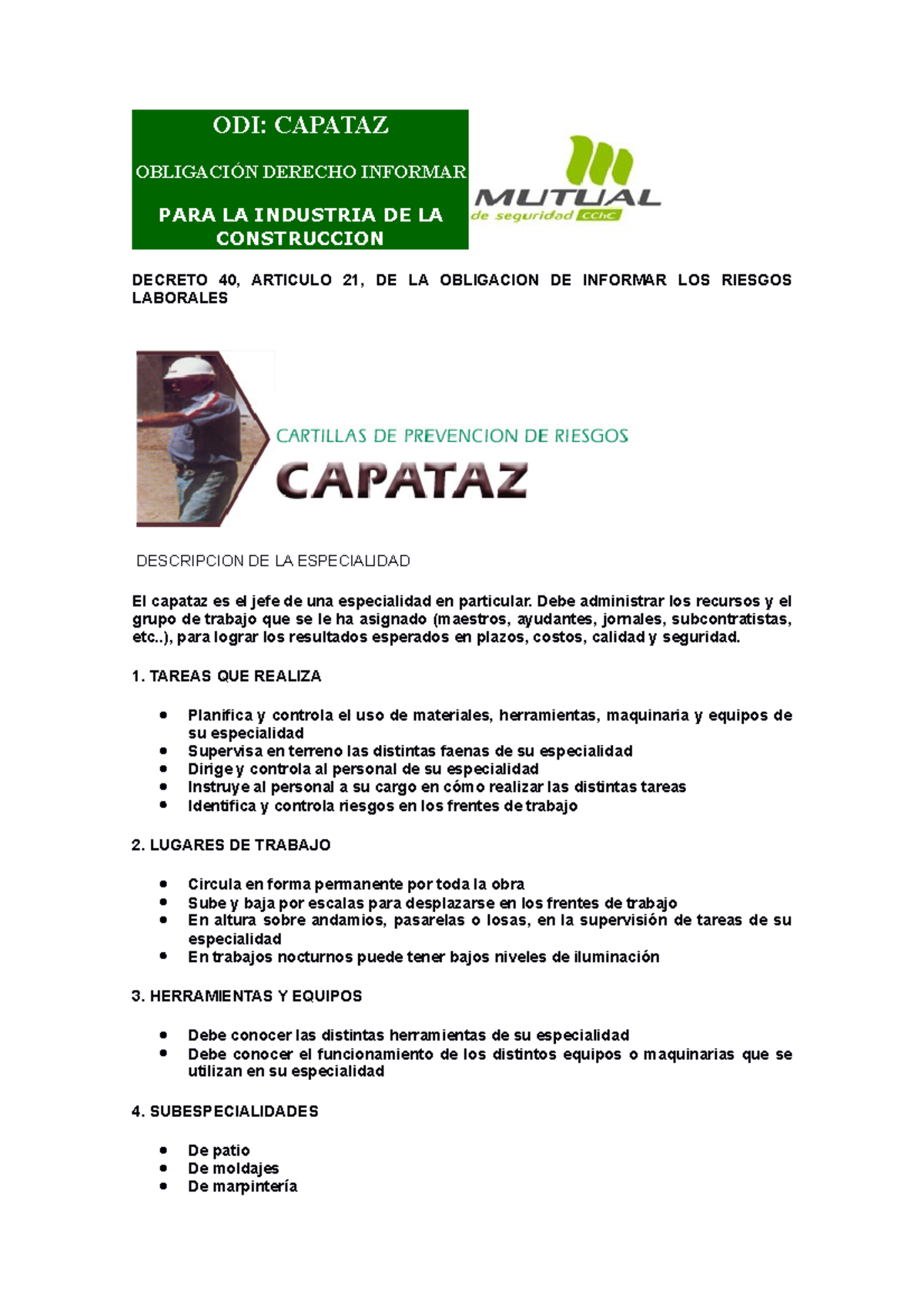 Capataz - varios - ODI: CAPATAZ OBLIGACIÓN DERECHO INFORMAR PARA LA ...