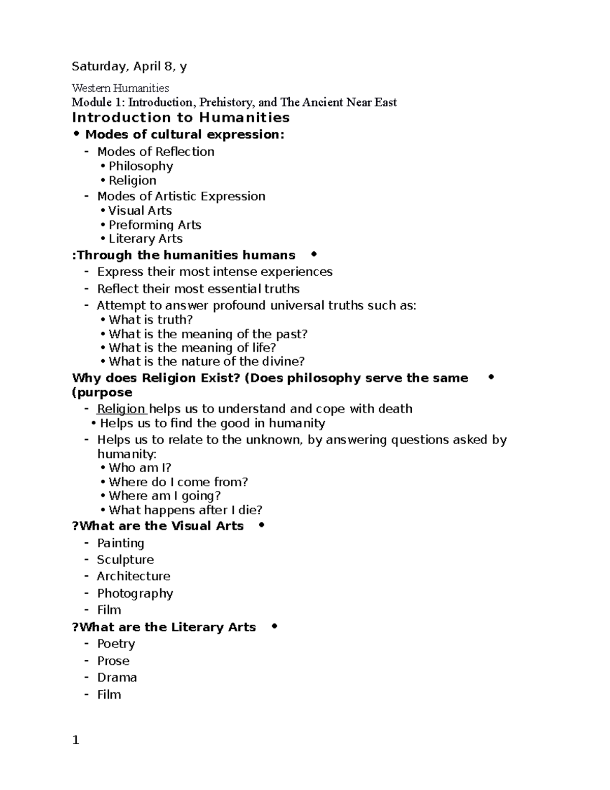 HUMmodule 1-notes - Module 1 class notes; Introduction, Prehistory, The ...