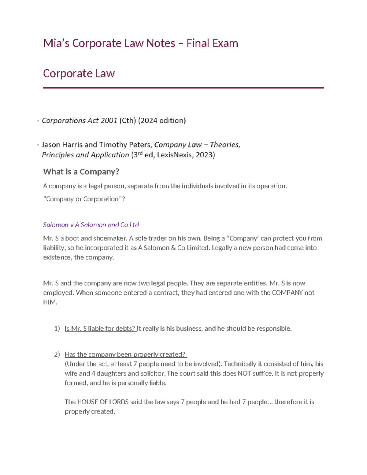 Corporate Final Exam Notes - Mia’s Corporate Law Notes – Final Exam ...