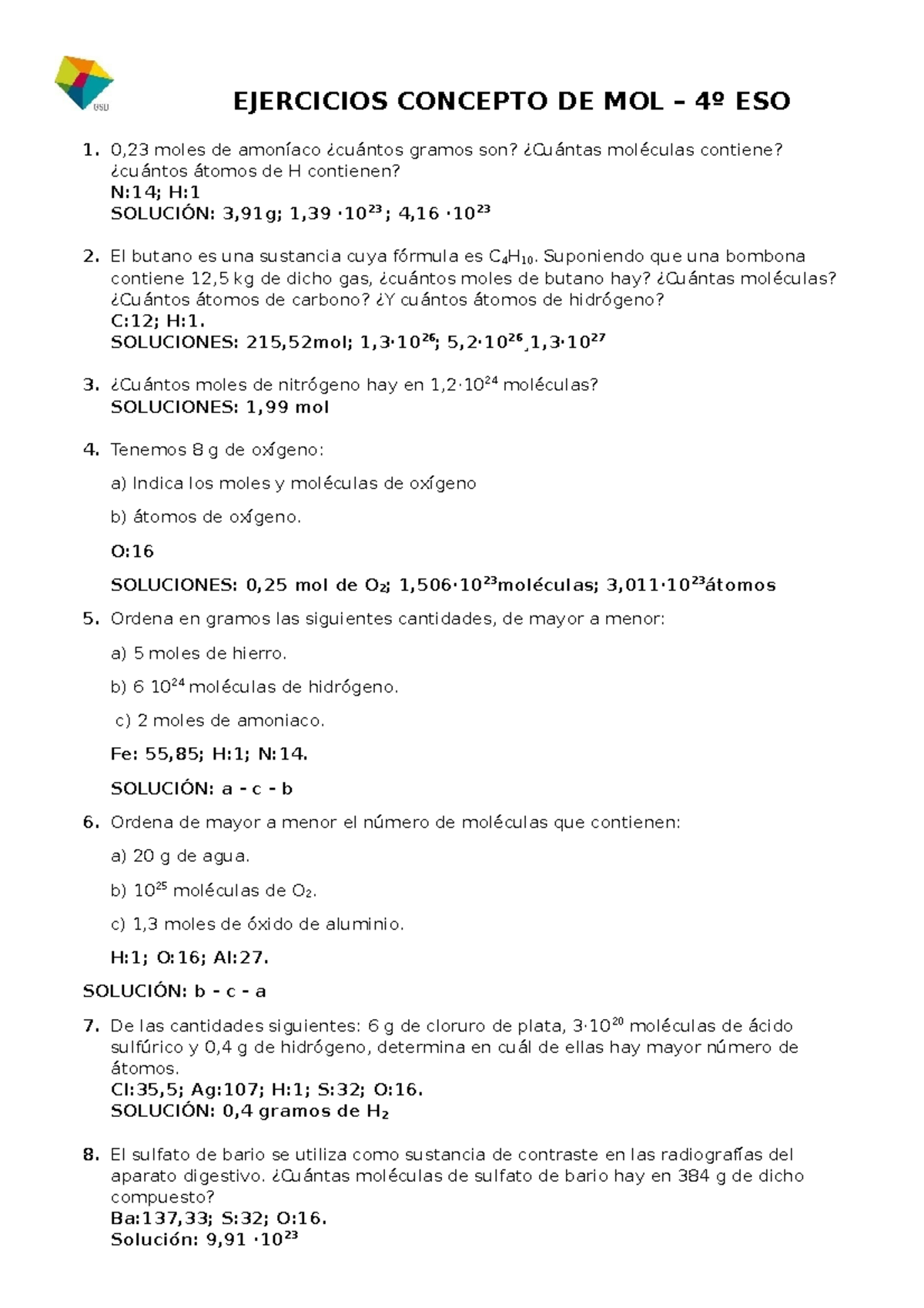 Ejercicios CPTO MOL 22-23 - EJERCICIOS CONCEPTO DE MOL – 4º ESO 0,23 ...