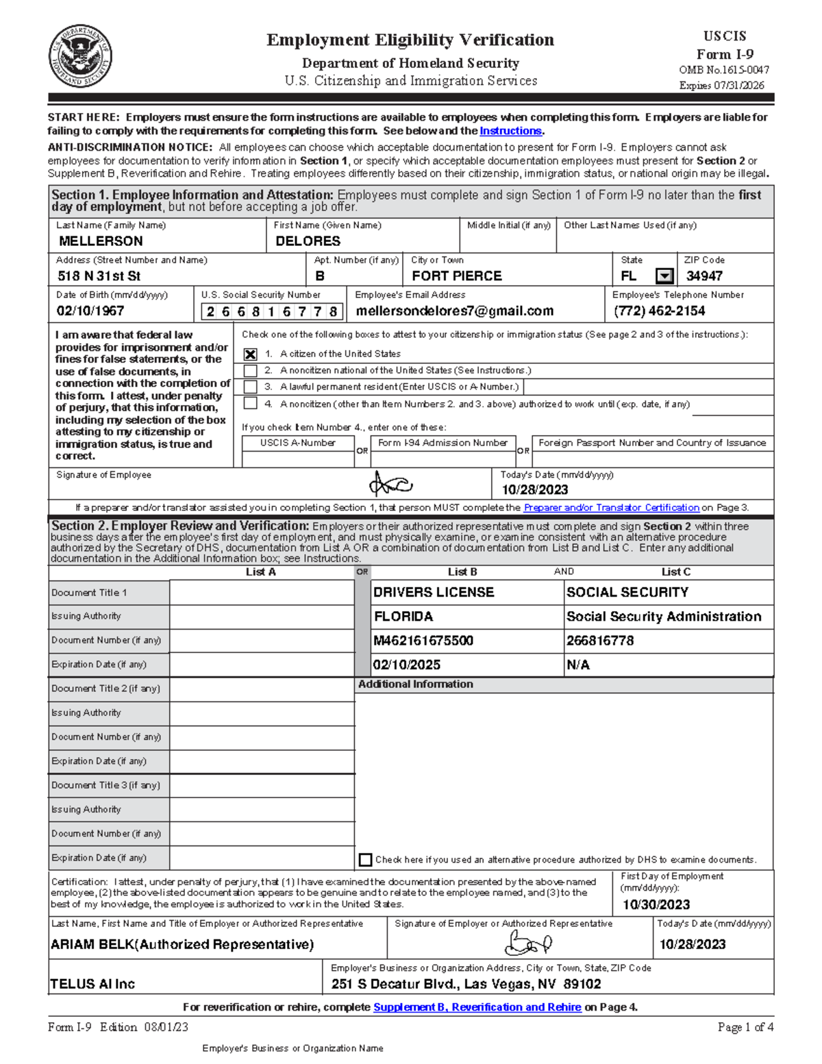 I9 form Delores - Employment Eligibility Verification Department of ...