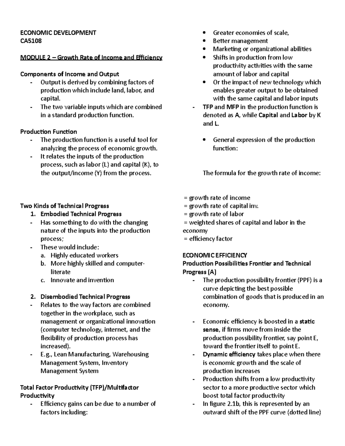 Growth Rate of Income and Efficiency - ECONOMIC DEVELOPMENT CA MODULE 2 ...