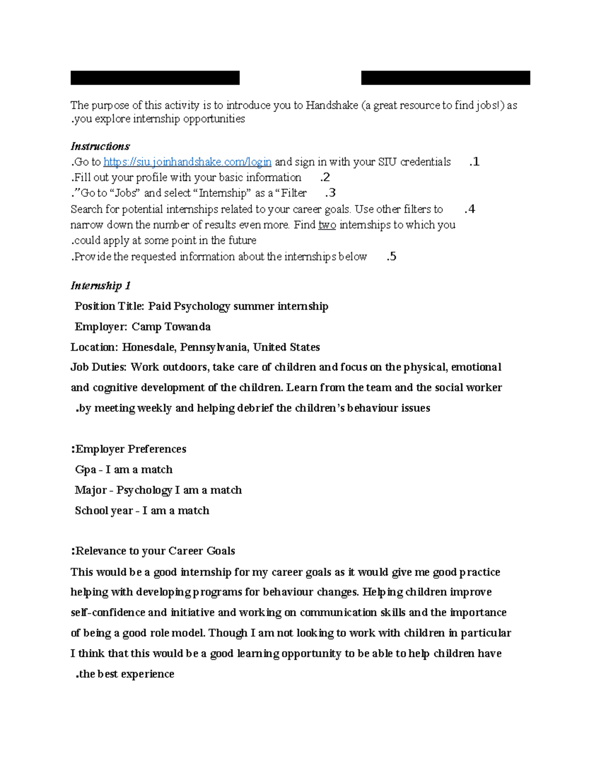 Internship Worksheet- PSYC 202 - SIU - Studocu